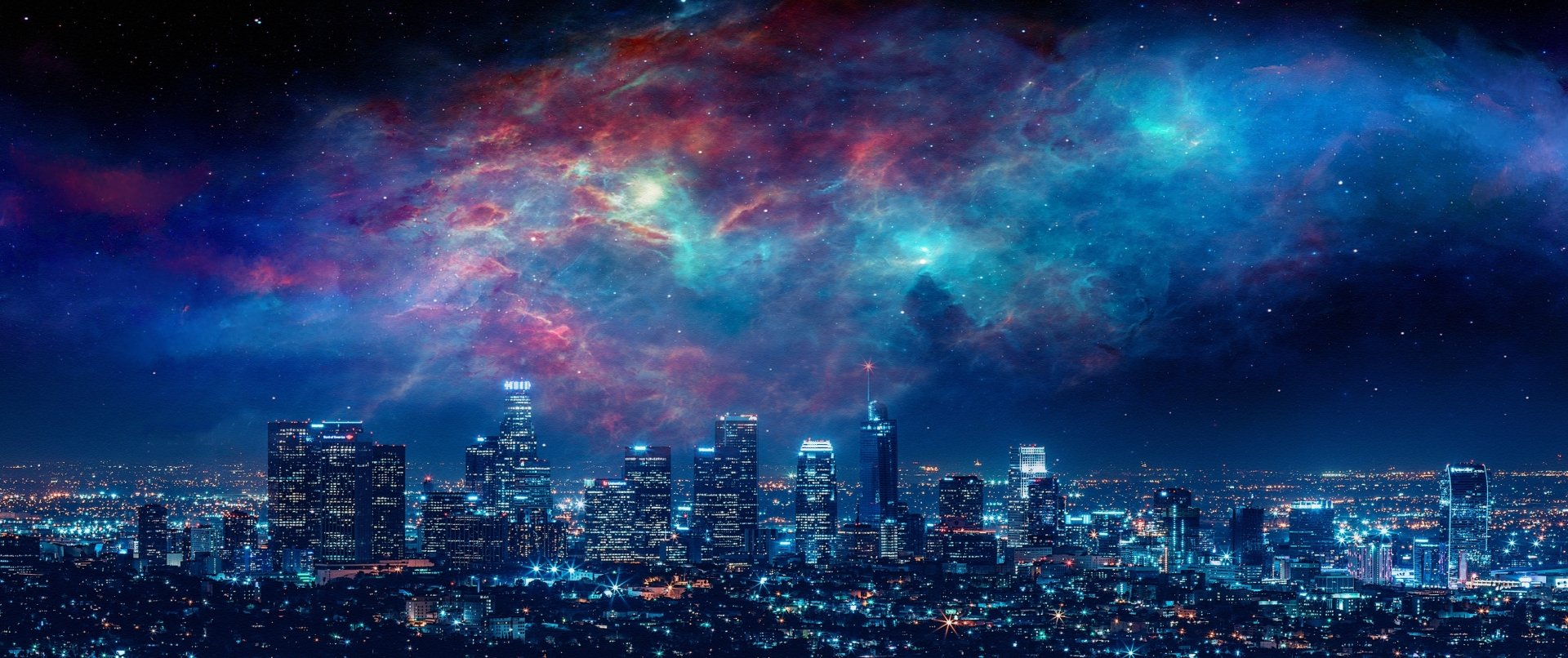 Celestial Nebula Over Los Angeles Night Skyline – Artistic HD Wallpaper