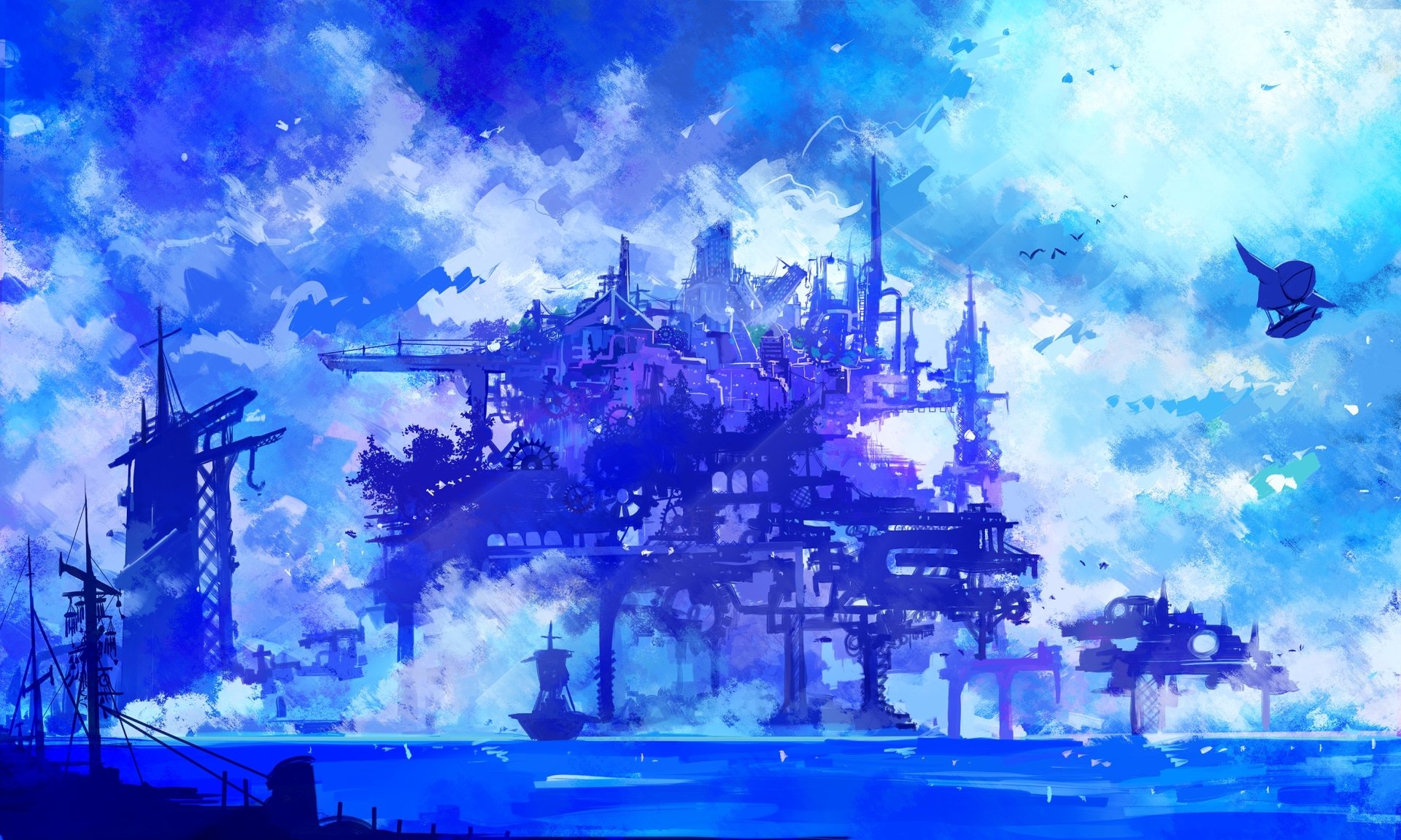 Surreal Sea City: Anime Boat Voyage HD Wallpaper by Axle