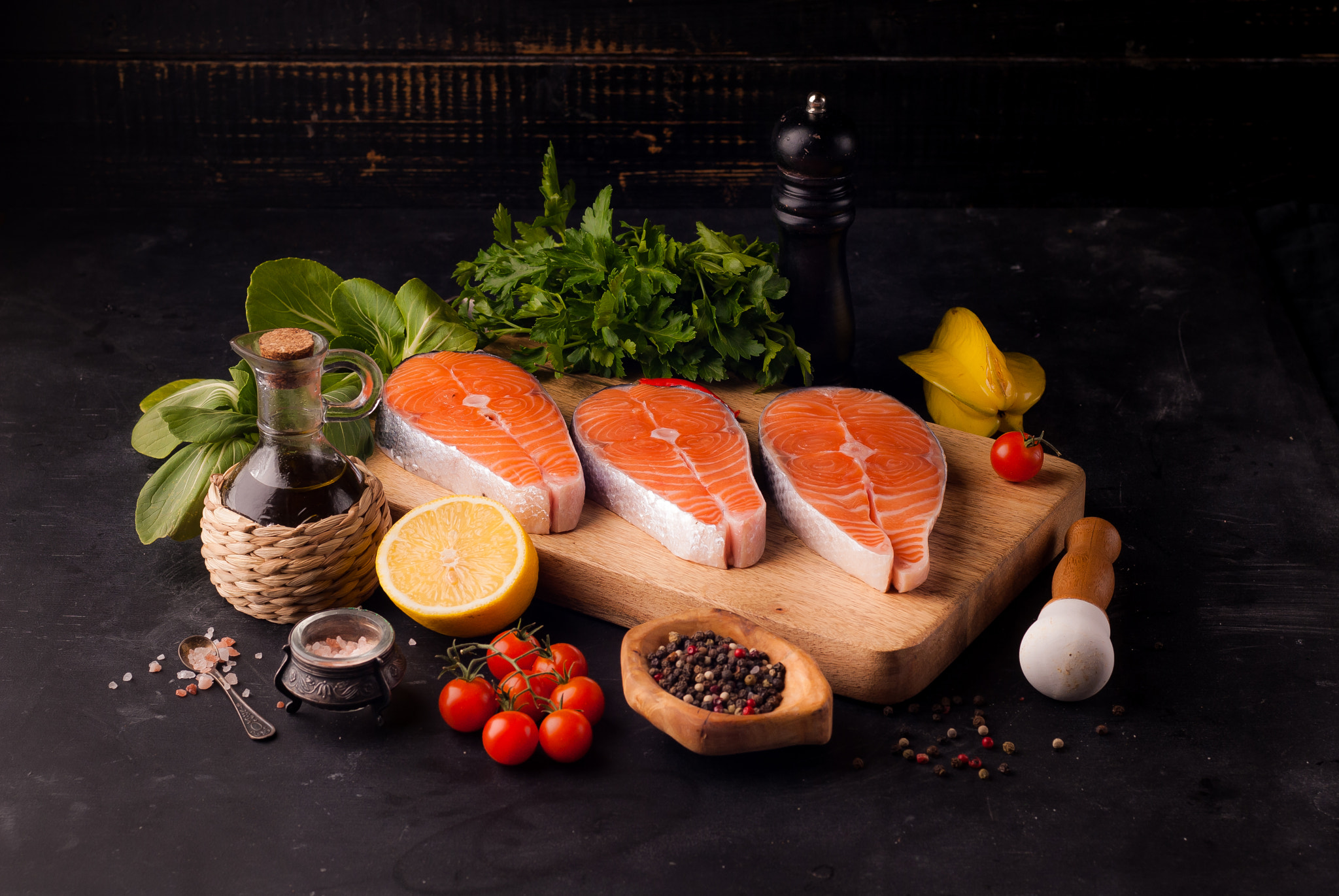 Download Still Life Seafood Tomato Oil Salmon Food Fish HD Wallpaper by ...