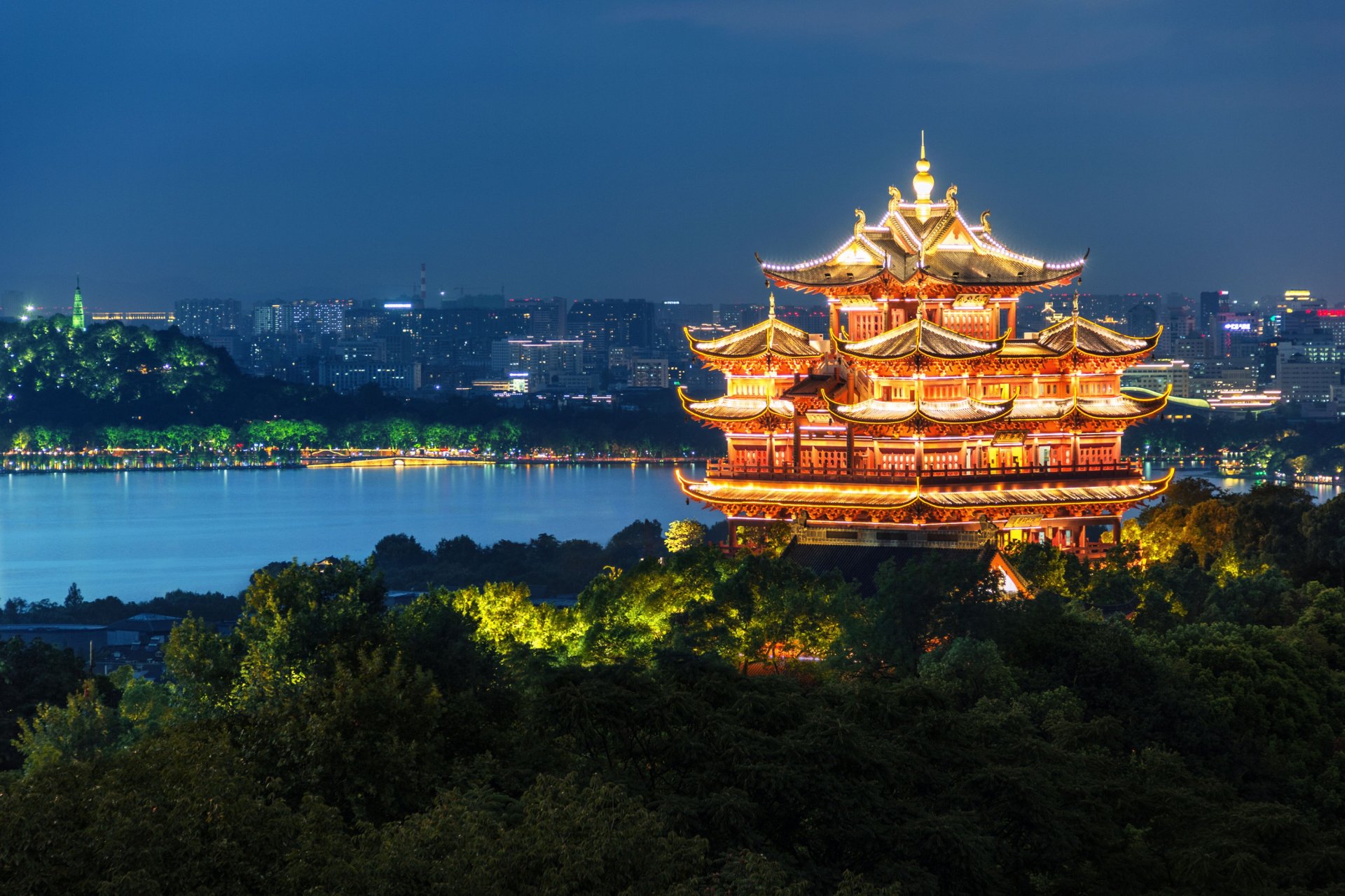 City God Pavilion Illuminated: Night Lights Over China’s Pagoda Skyline