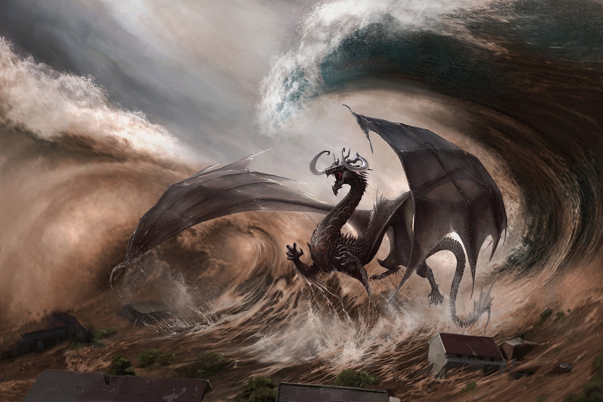 Epic Dragon of the Tempest Wave – Fantasy HD Wallpaper by Godfrey Escota