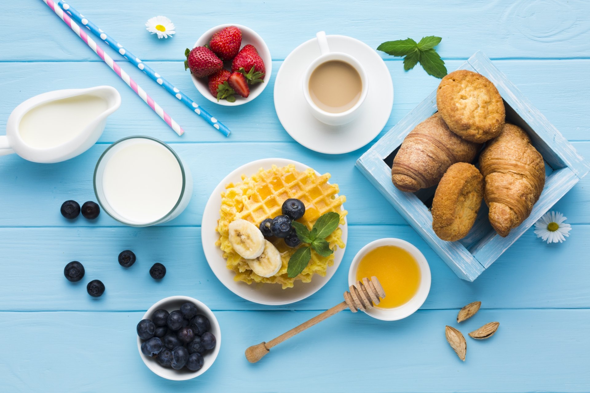 Download Blueberry Still Life Croissant Waffle Milk Coffee Berry Food ...