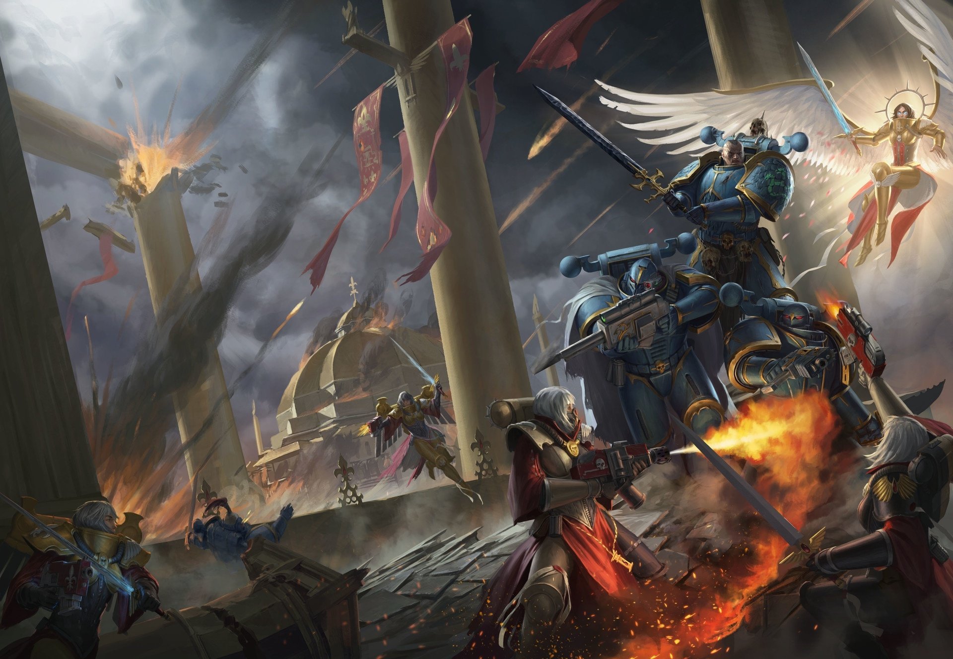 Warhammer 40K Space Marine Angel Warrior in Epic Battle HD Wallpaper
