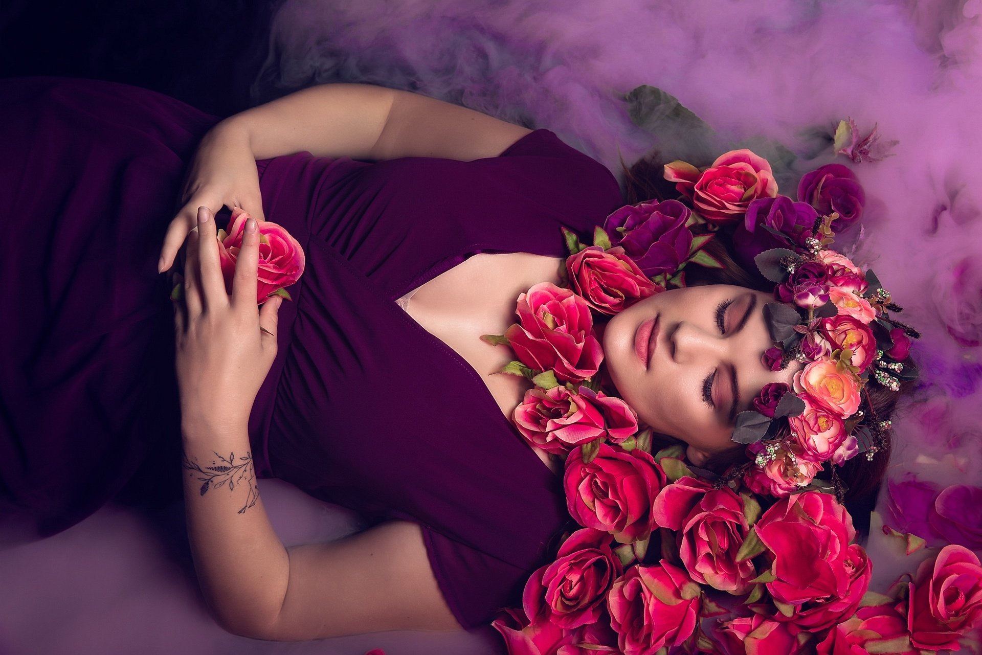 Download Wreath Flower Lying Down Purple Dress Woman Mood HD Wallpaper