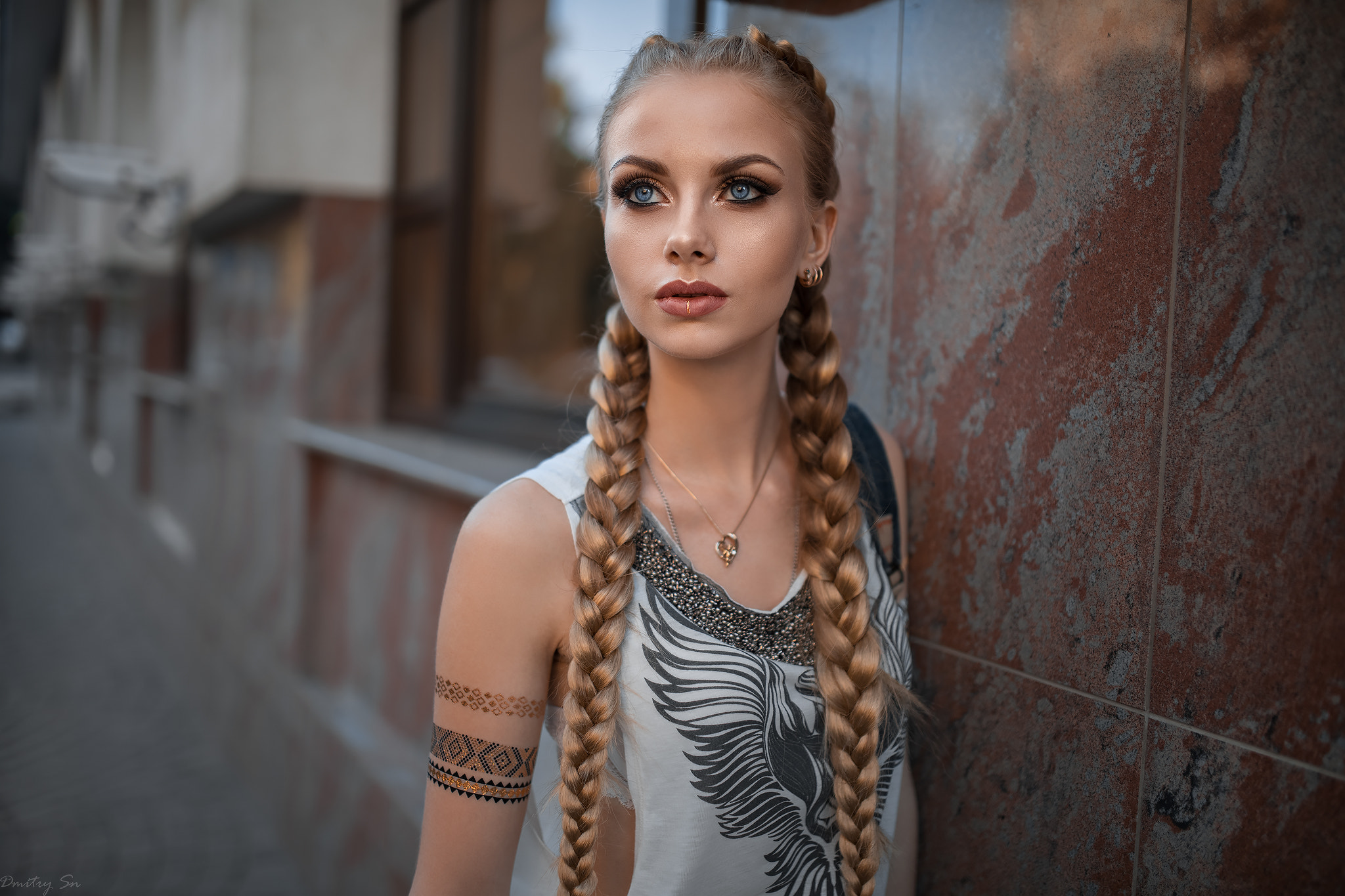 Download Long Hair Braid Lipstick Depth Of Field Blonde Tattoo Blue