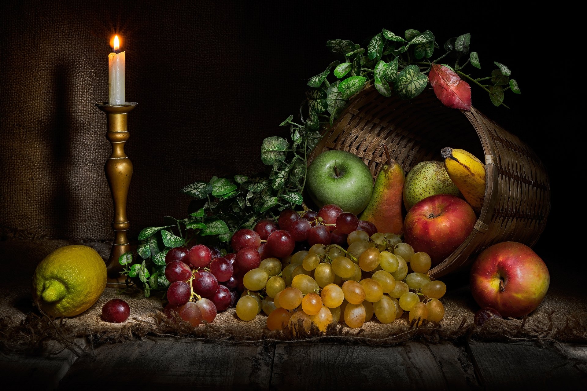 Download Fruit Grapes Candle Apple Lemon Food Still Life 4k Ultra HD ...