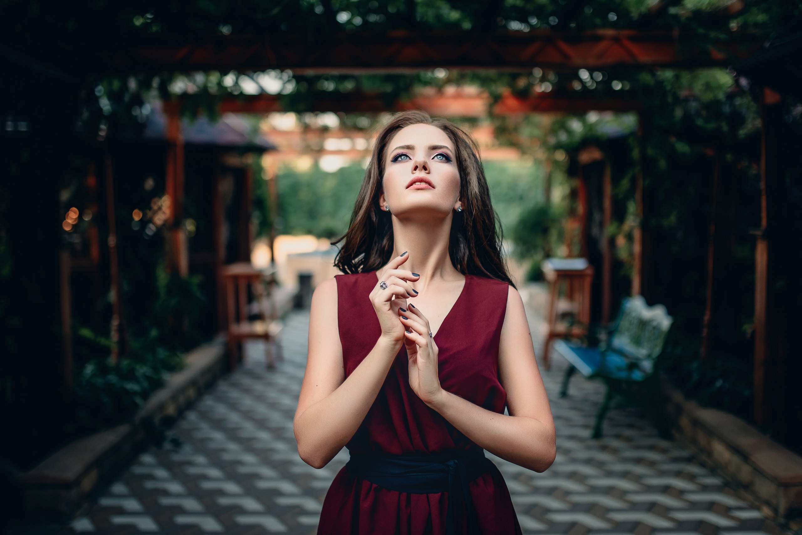 Download Blue Eyes Brunette Red Dress Depth Of Field Woman Model HD ...