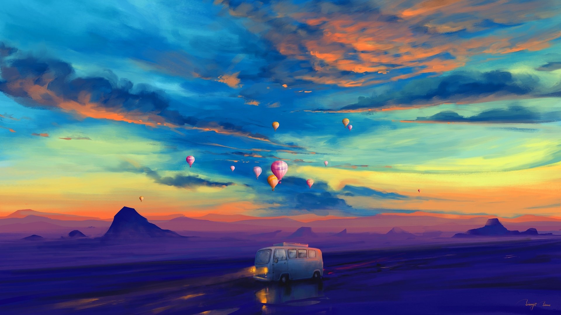 Anime Sky Adventure: Hot Air Balloons and Bus HD Wallpaper by Biswajit ...