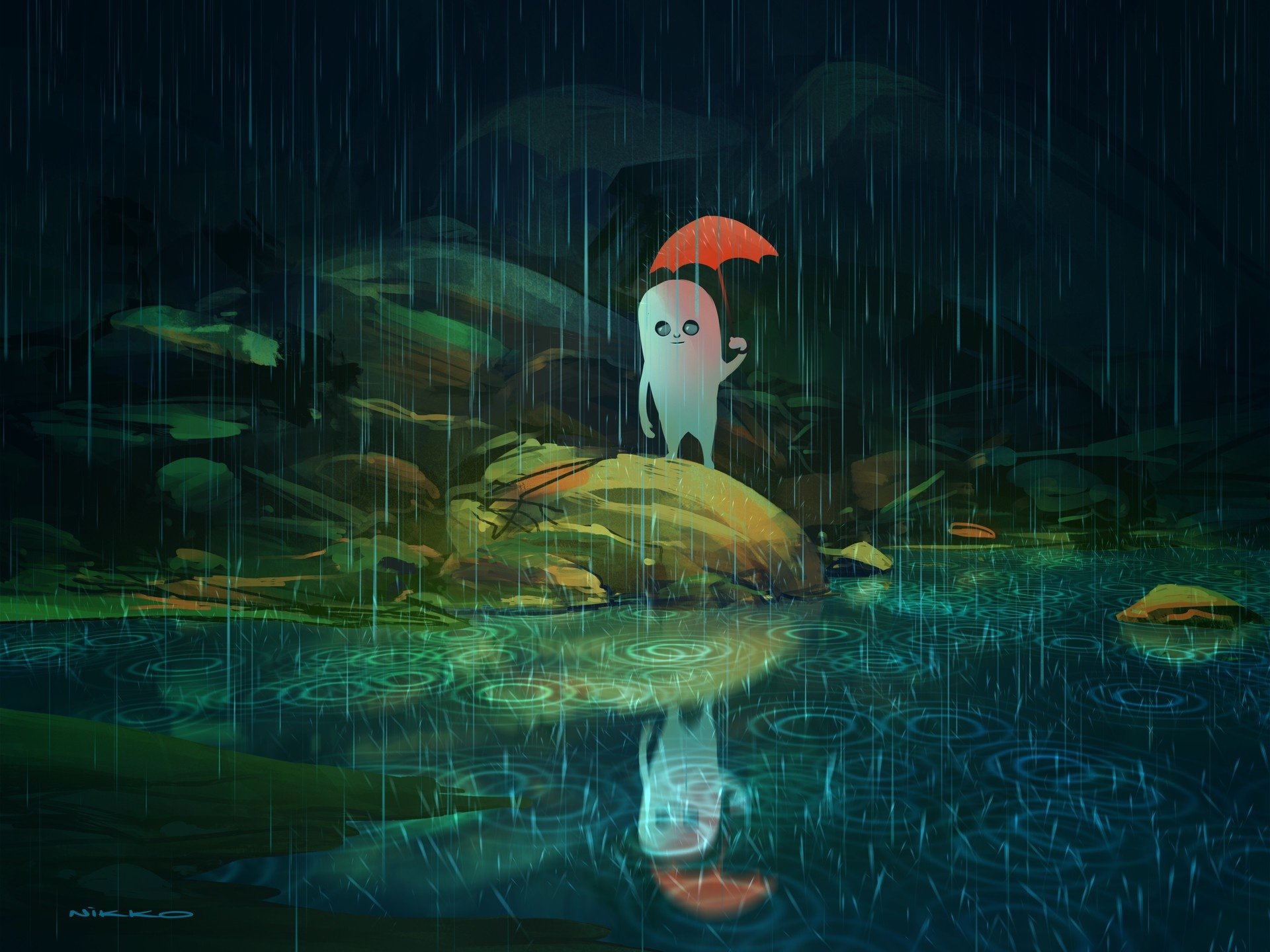 Fantasy Rain Reflection: HD Wallpaper with a Charming Creature