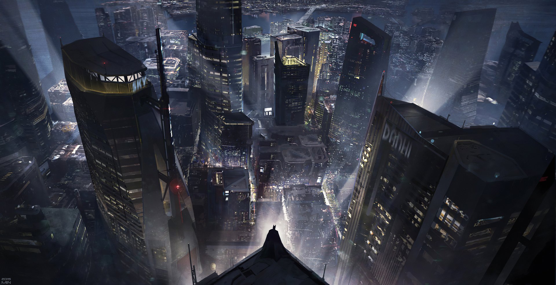 Gotham City Nights: Batman’s Dark Skyline HD Wallpaper by Min Guen