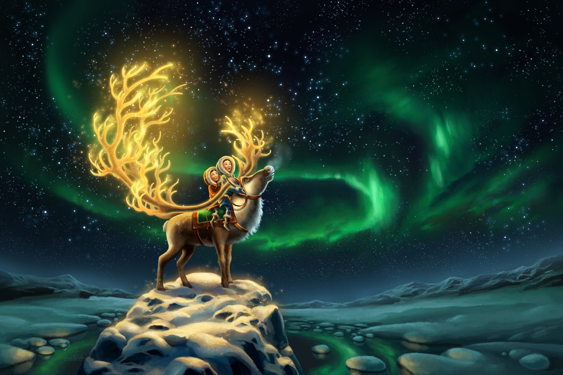 Download Reindeer Aurora Borealis Child Snow Star Night Sky Fantasy ...