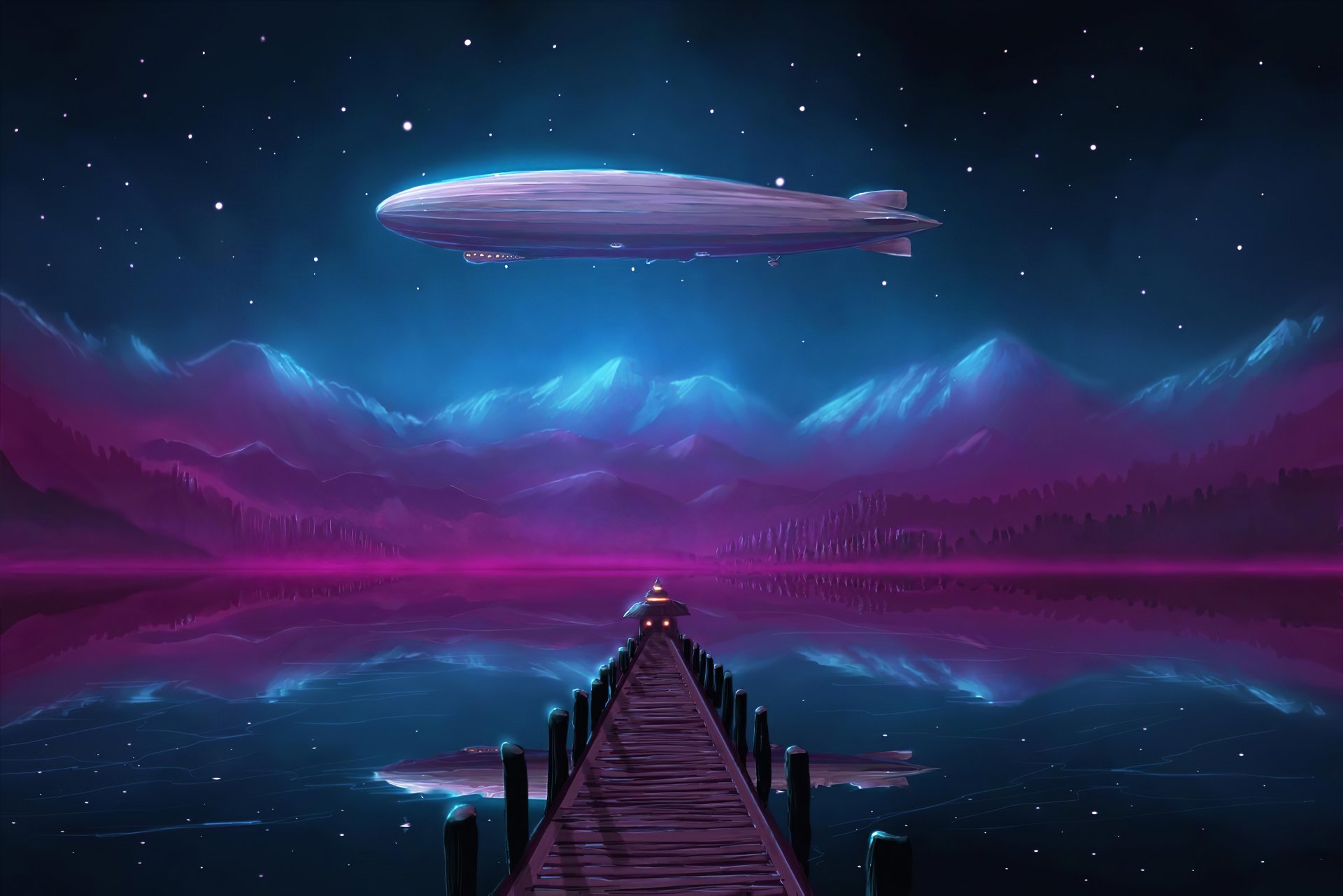 Majestic Purple Zeppelin Over Tranquil Mountain Lake at Night – 4K ...