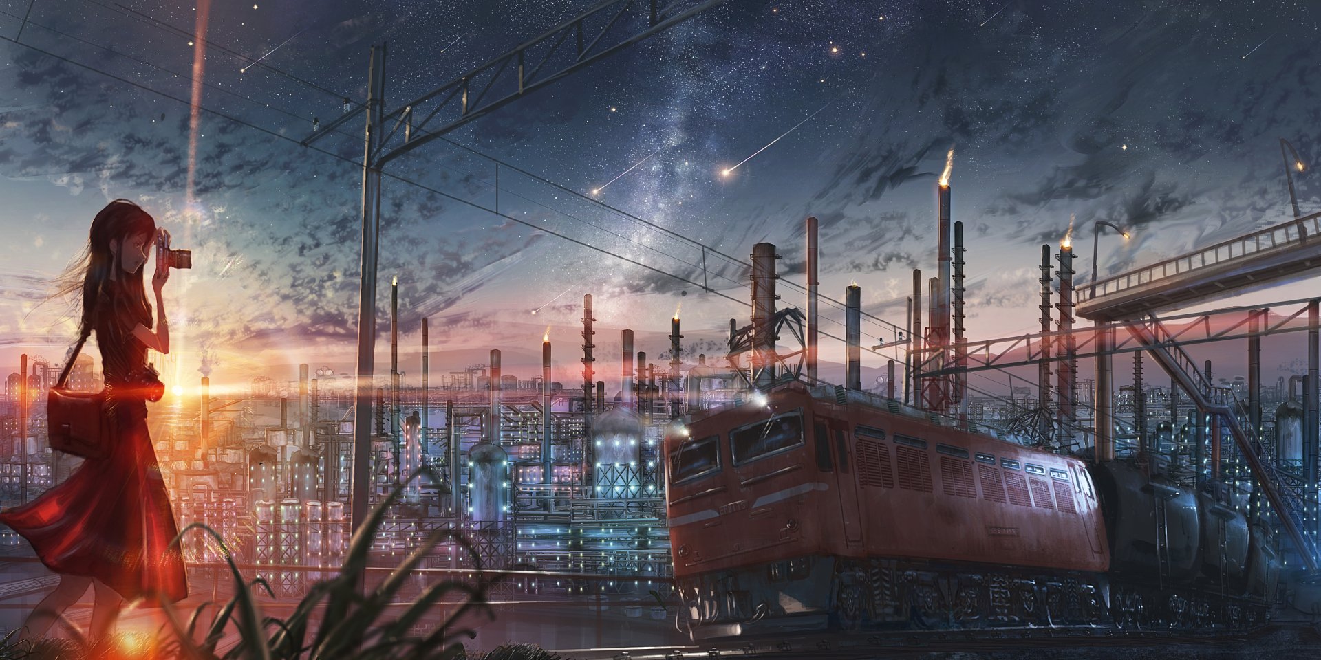 Sunset Train Journey Through Starry Factory Skies – Anime HD Wallpaper ...