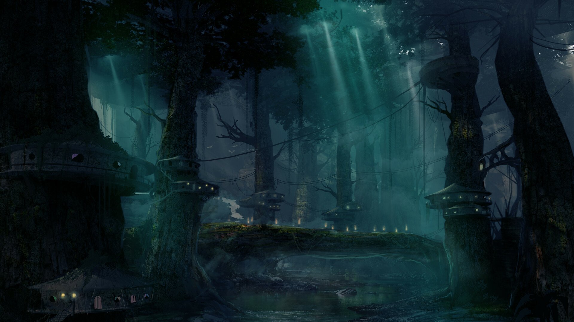 Moonlit Canopy: Fantasy Tree-City HD Wallpaper by Alex Hall | 1920x1080 ...