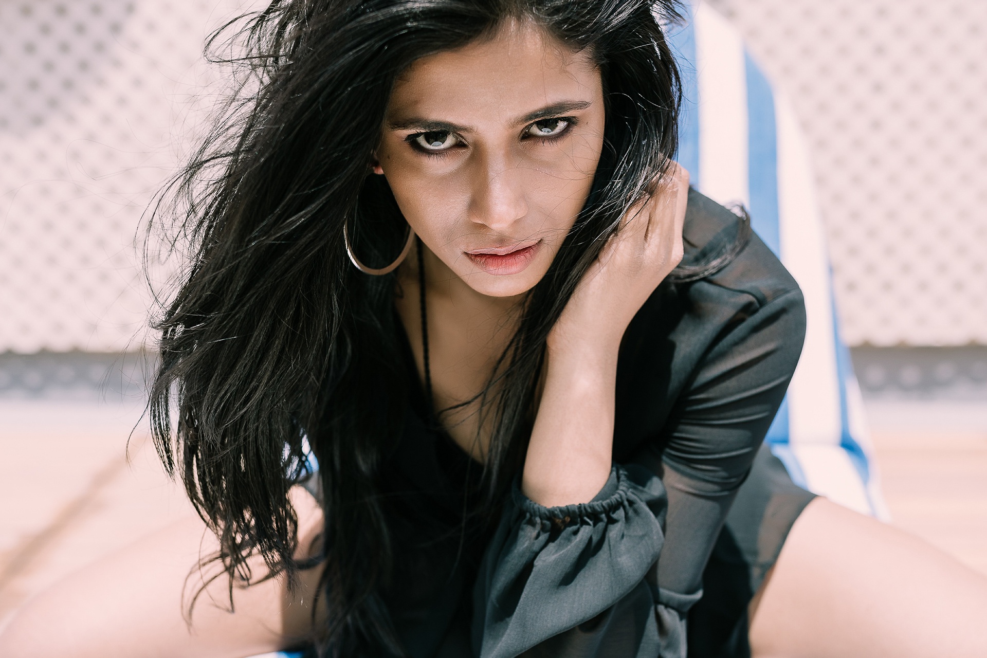 Download Long Hair Black Hair Stare Face Woman Model HD Wallpaper