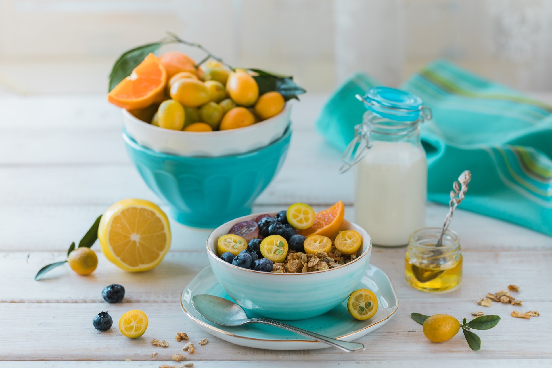 Download Still Life Muesli Fruit Honey Milk Food Breakfast 4k Ultra HD ...