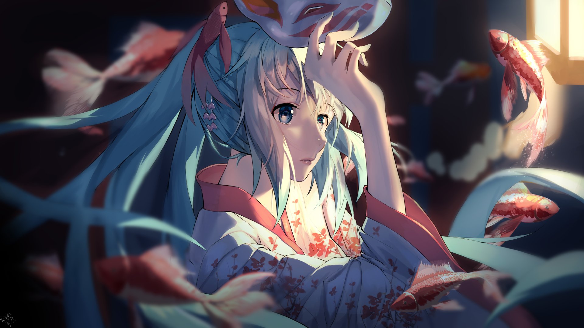 Download Long Hair Fish Blue Eyes Blue Hair Hatsune Miku Anime Vocaloid ...