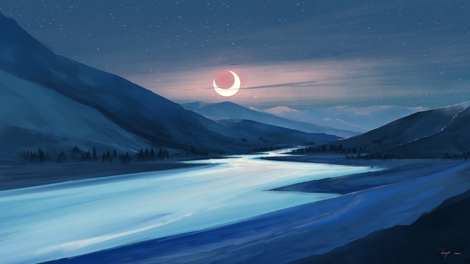 Download Mountain Night Eclipse Nature Sky River Moon Fantasy Landscape ...