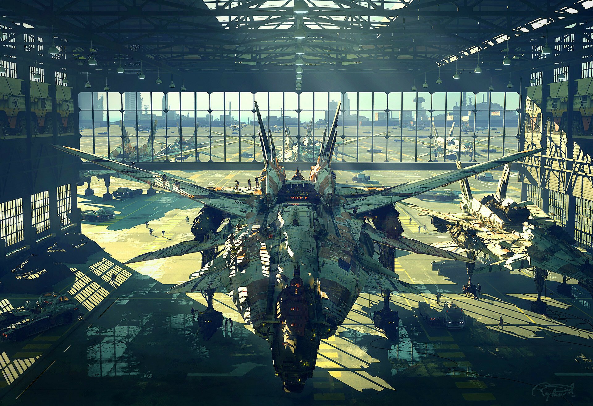 Download Hangar Futuristic Sci Fi Spaceship HD Wallpaper by Raphael Lacoste