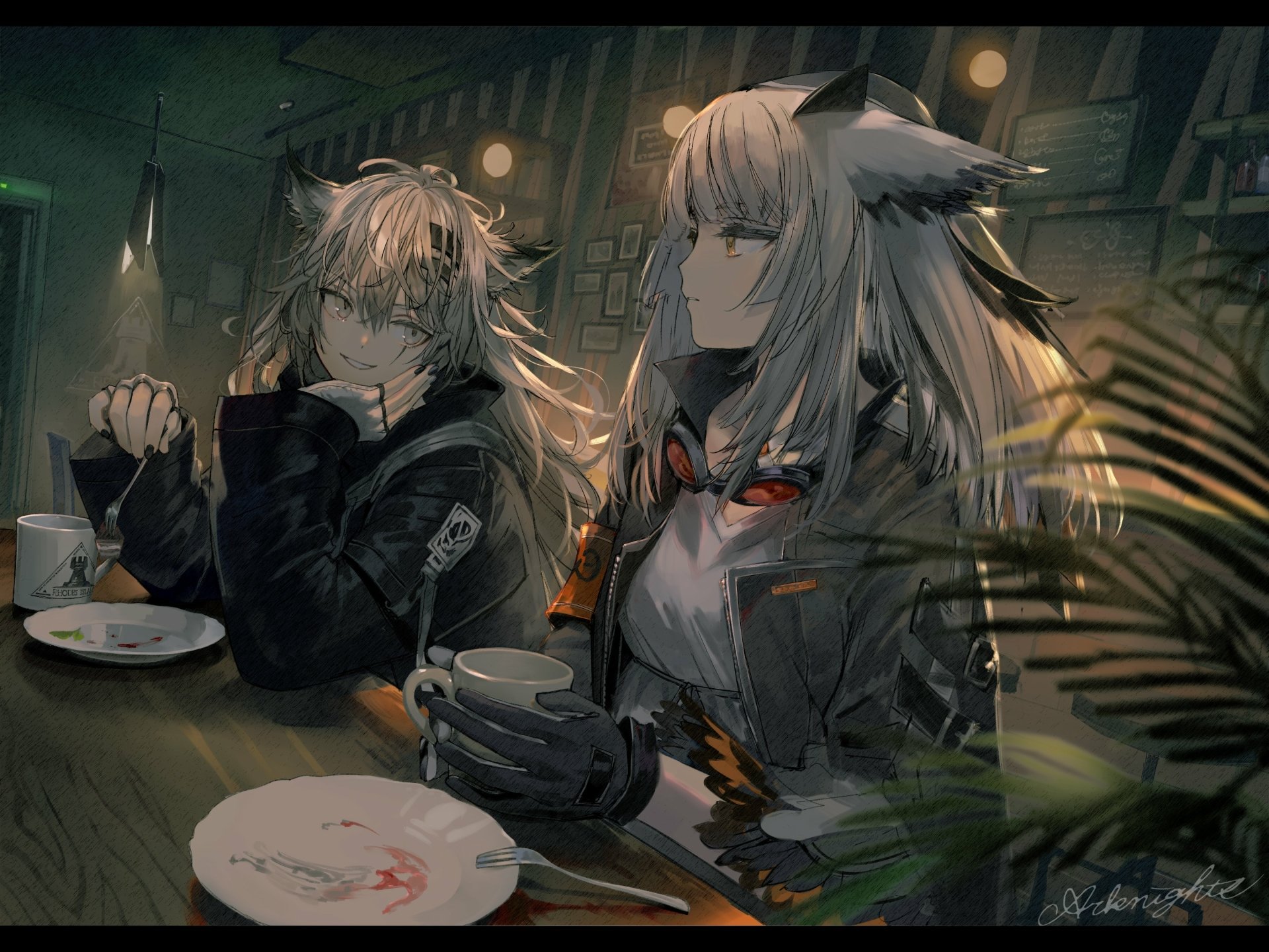 Arknights HD Wallpaper: Lappland & Ptilopsis in a Cozy Café Scene by 鵜飼沙樹