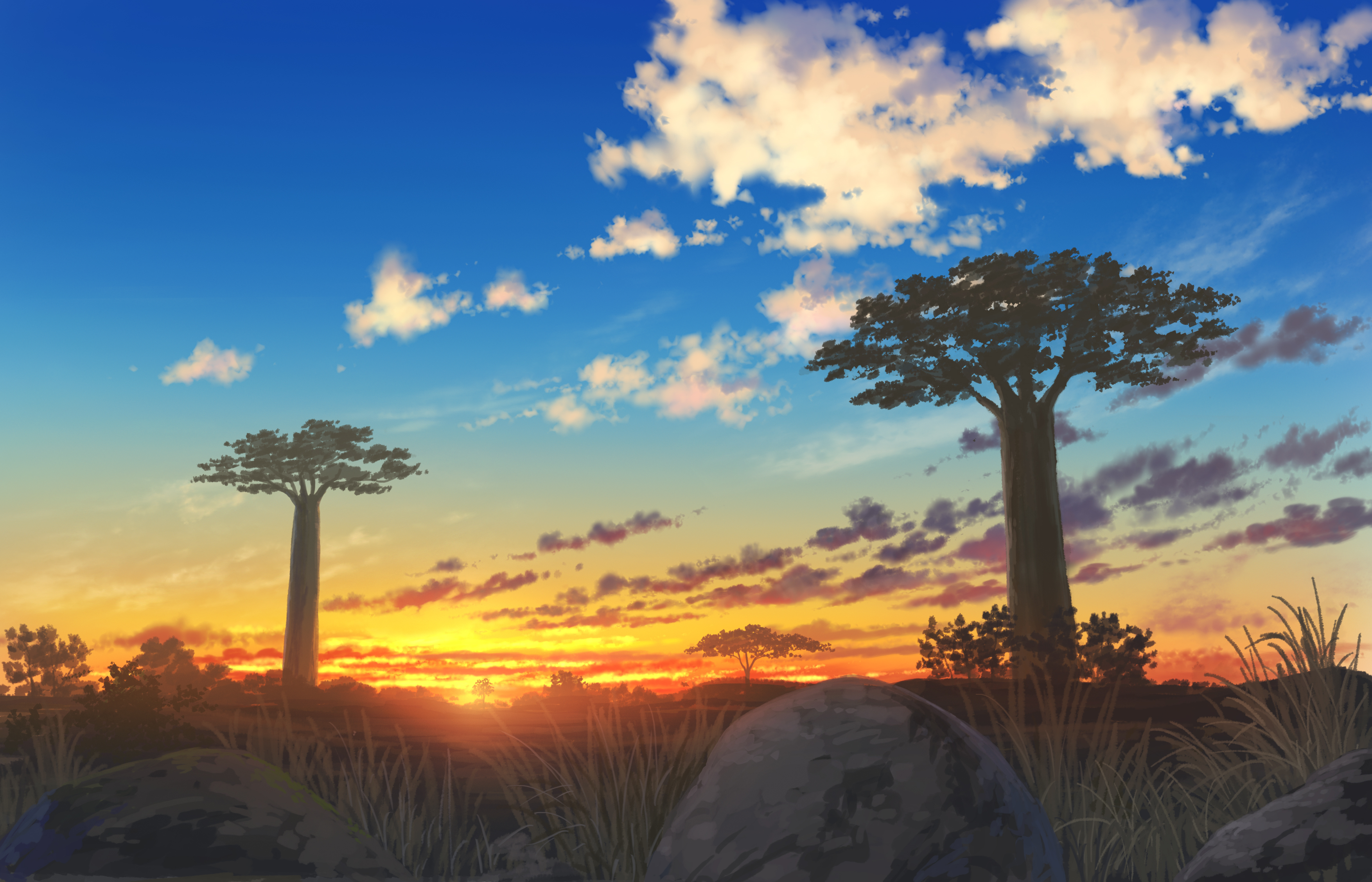 Anime Sunset Serenity: Majestic Trees Beneath a Vibrant Sky HD ...