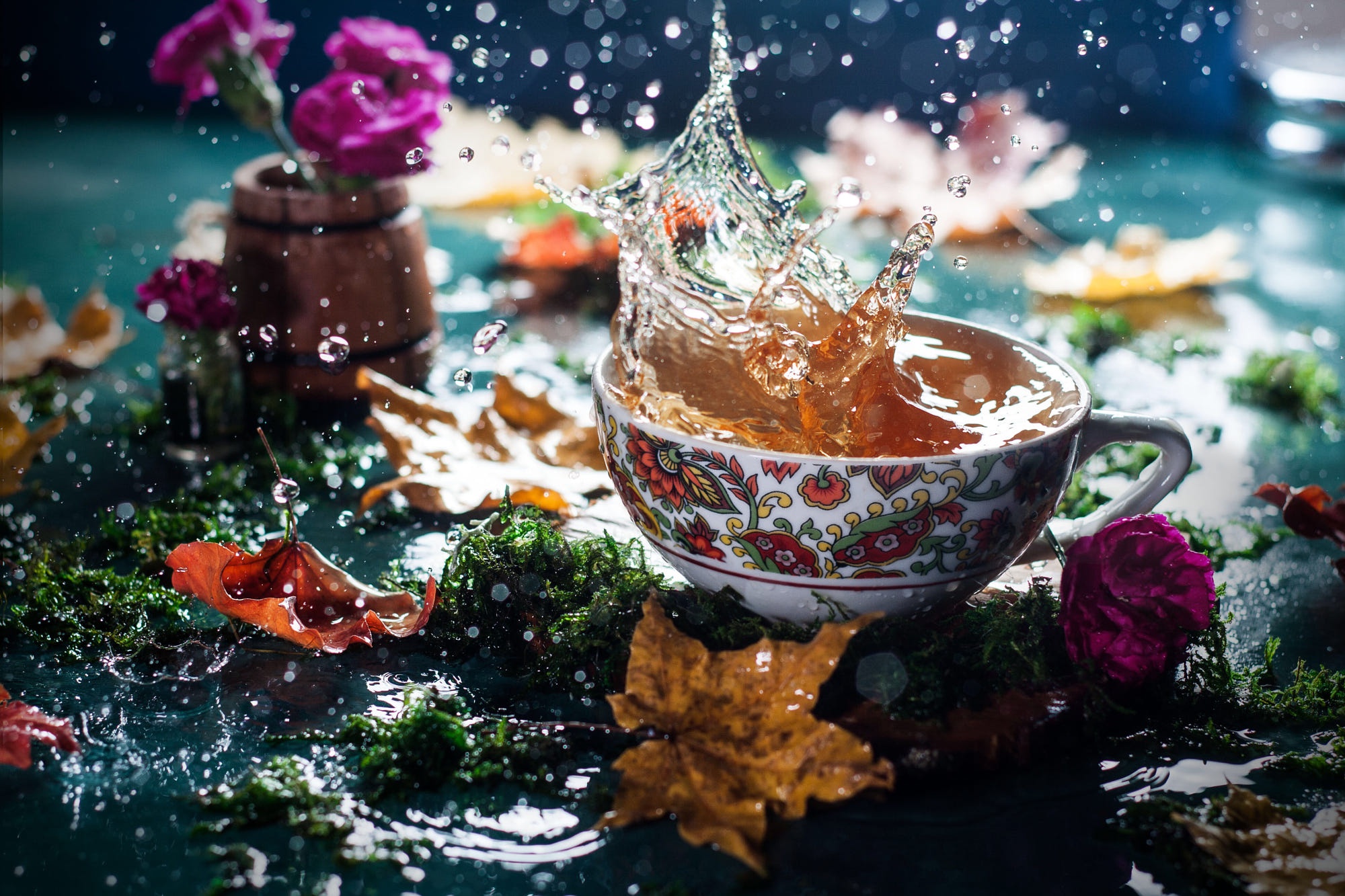 Download Drink Cup Flower Water Leaf Fall Food Tea HD Wallpaper