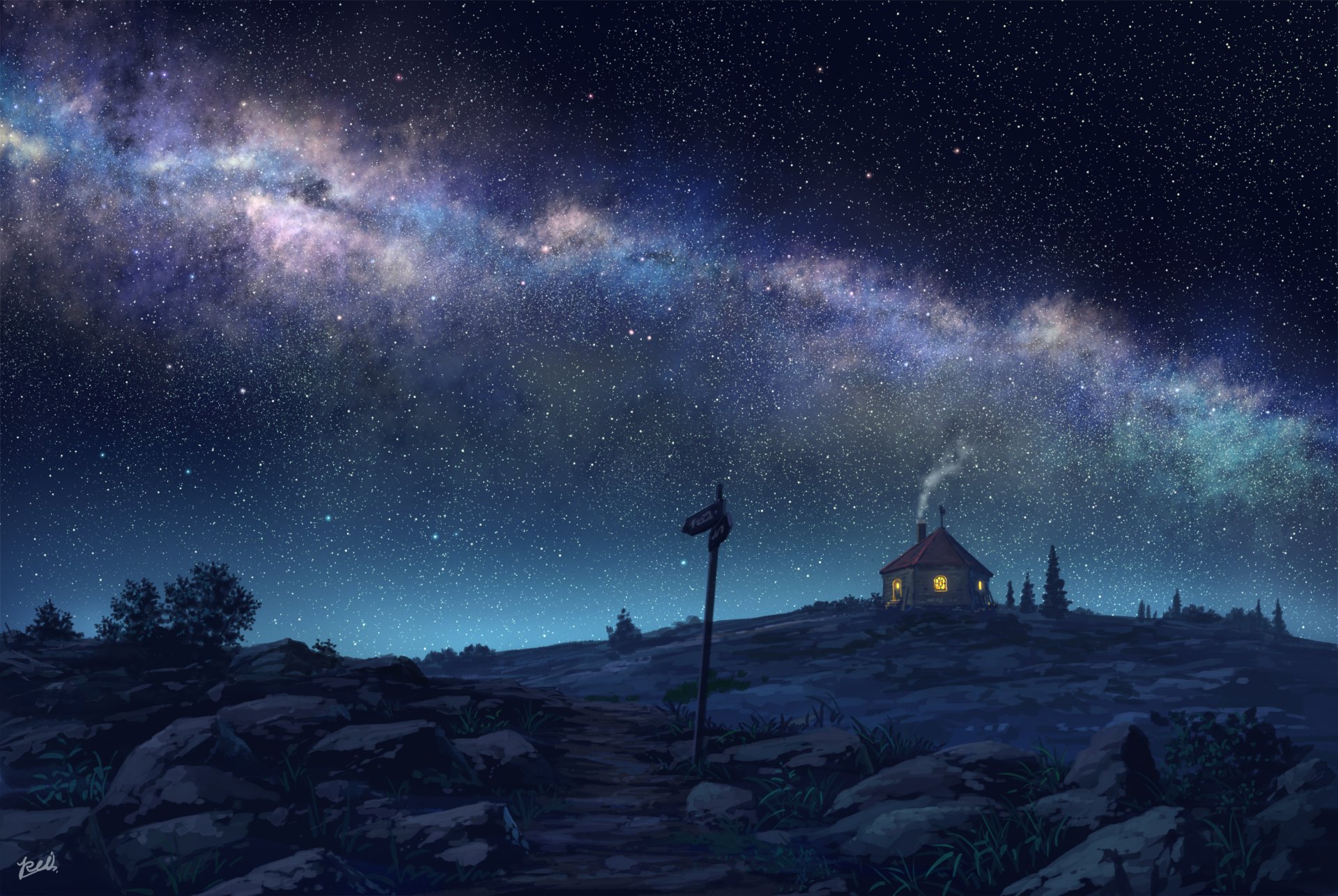 Starry Night Haven: Anime Hut Beneath the Cosmic Sky – HD Wallpaper by ぺい