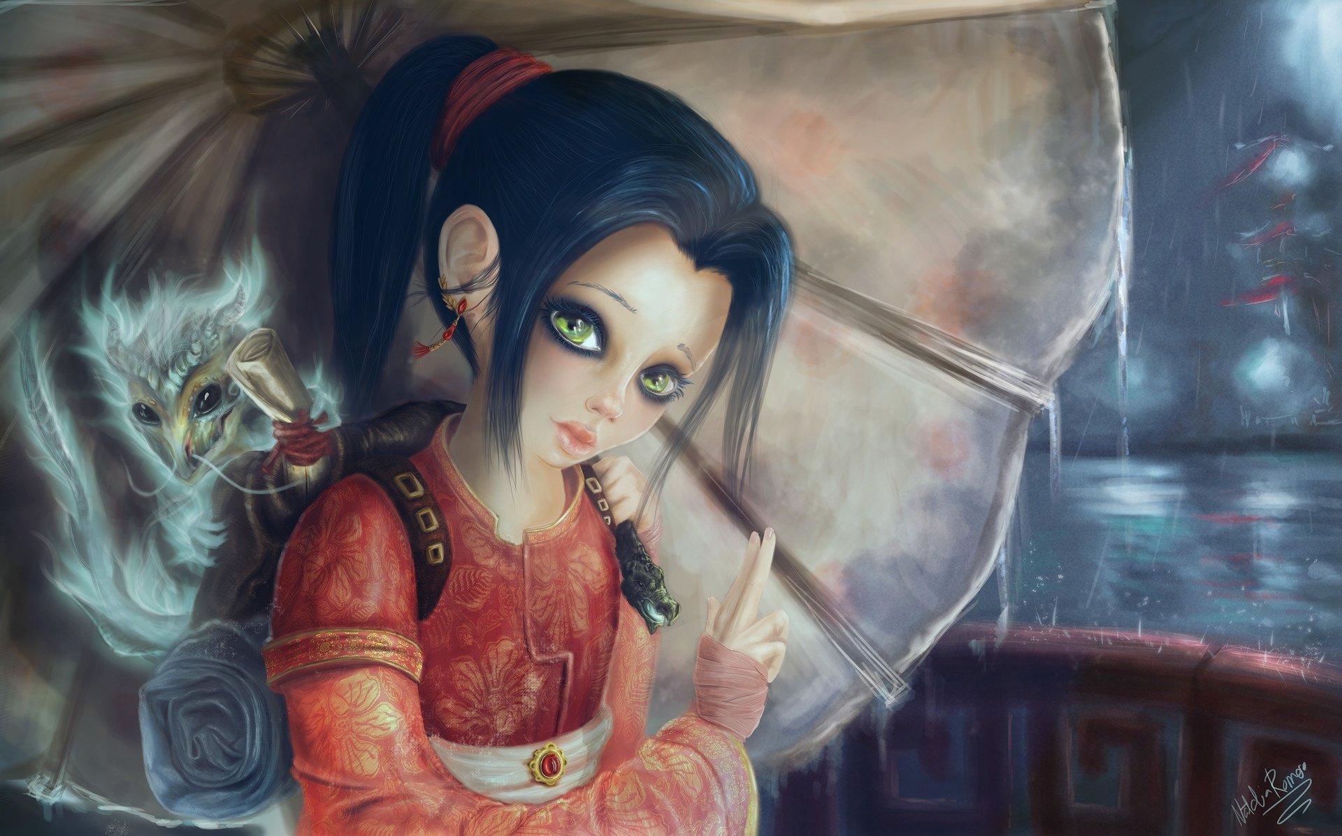Download Umbrella Green Eyes Blue Hair Fantasy Child HD Wallpaper by ...