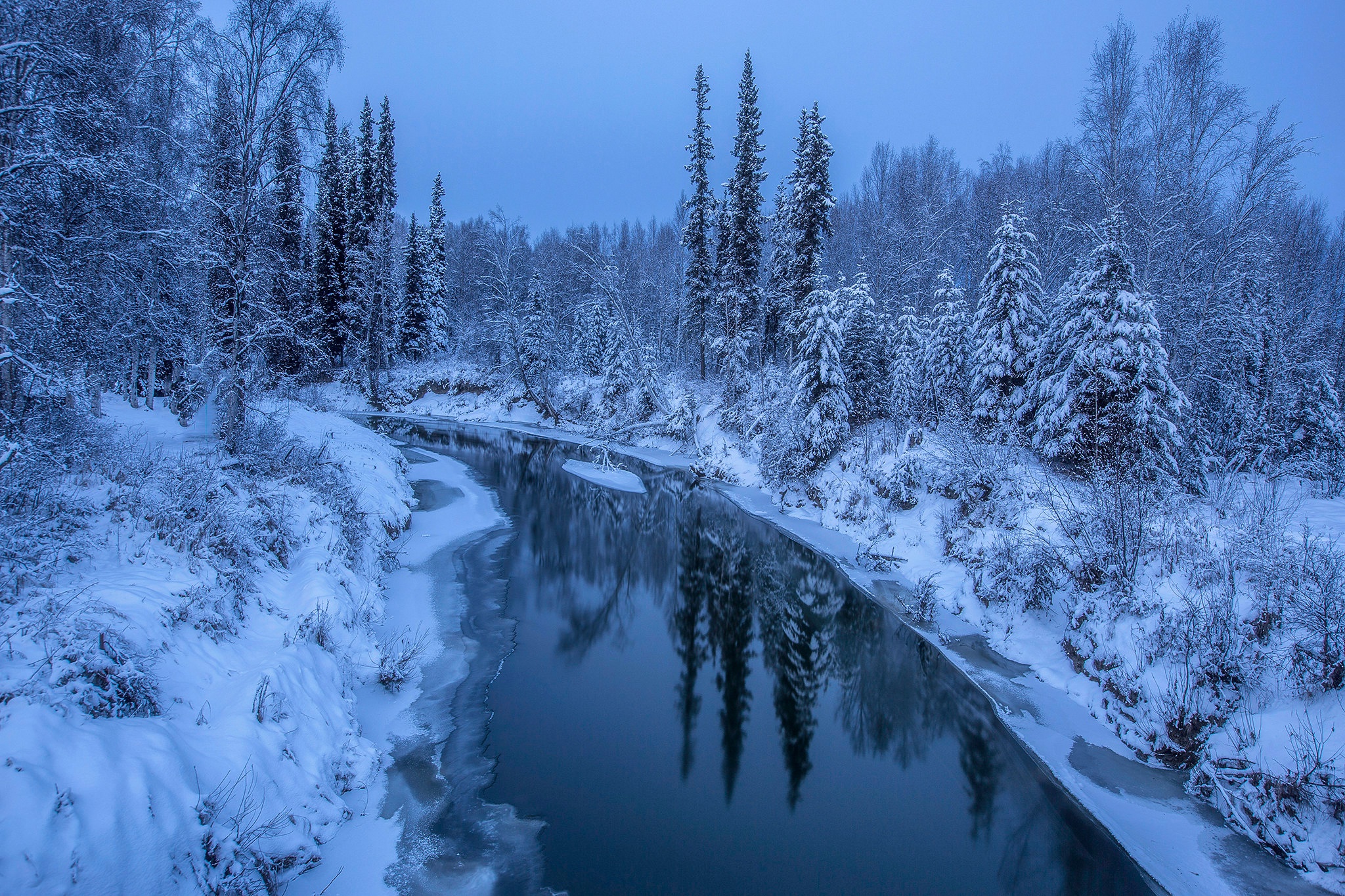 Download Reflection Alaska River Snow Forest Nature Winter HD Wallpaper