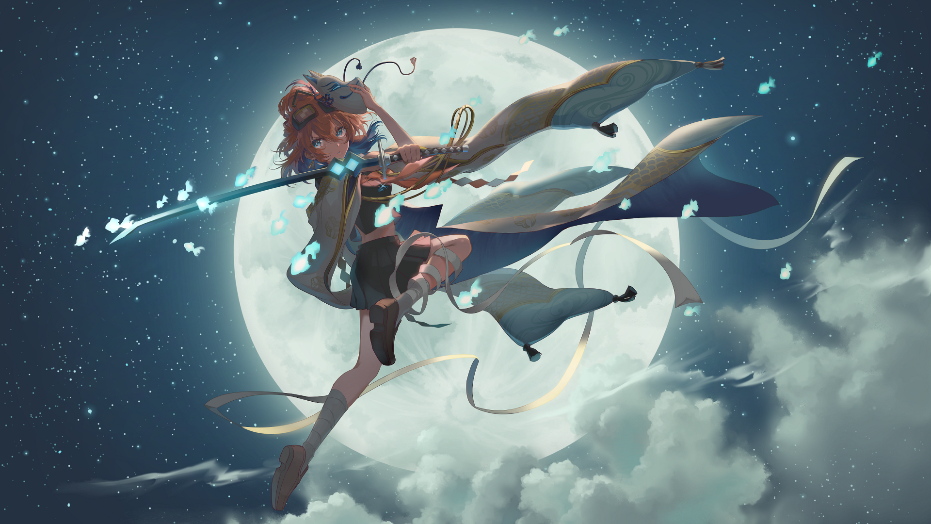 Moonlit Warrior: Anime Night Swordmaster HD Wallpaper by Saihate