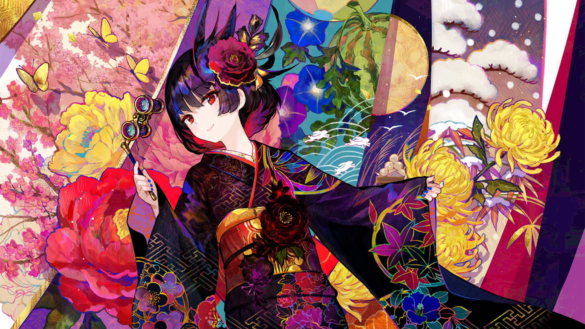 Elegant Anime Girl in Vibrant Kimono | HD Wallpaper Artistry by Fuji Choko