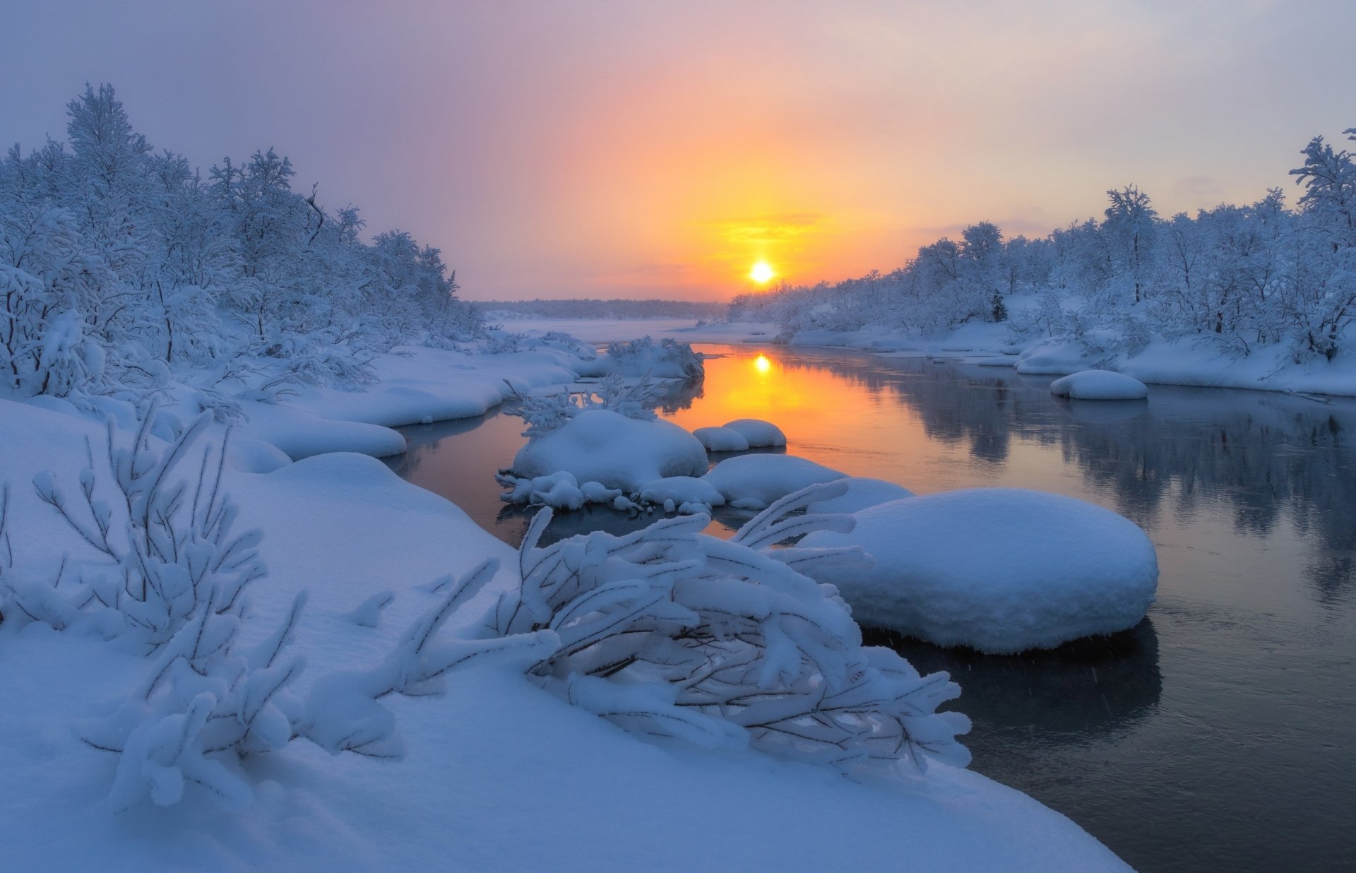 Winter River Glow: Stunning Snow-Covered Nature Landscape HD Wallpaper ...