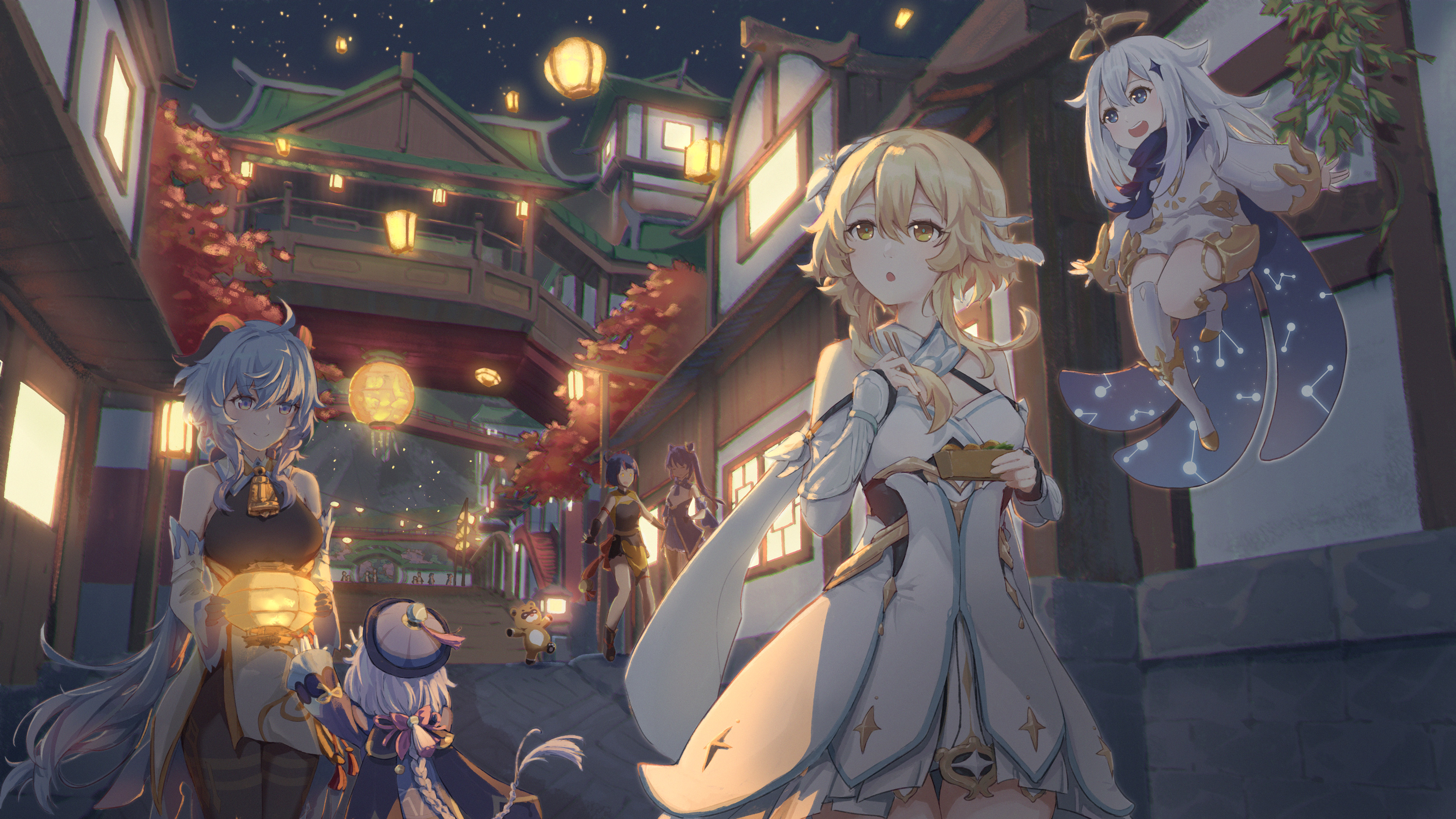 Genshin Impact Legends: Lumine, Ganyu, Qiqi & Paimon in a Magical Night HD