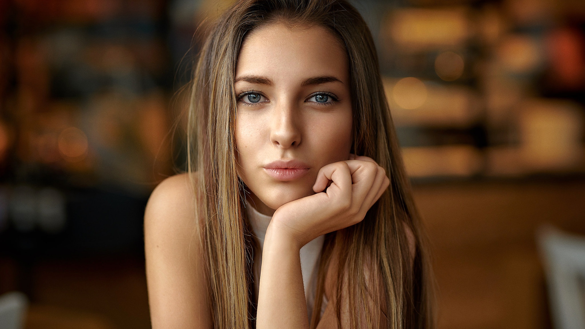 Download Face Stare Blue Eyes Brunette Woman Model HD Wallpaper by Alex ...