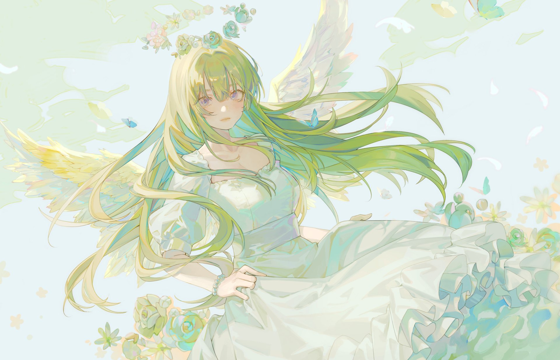 Download Wreath Wings Long Hair Green Hair Dress Anime Angel Anime ...