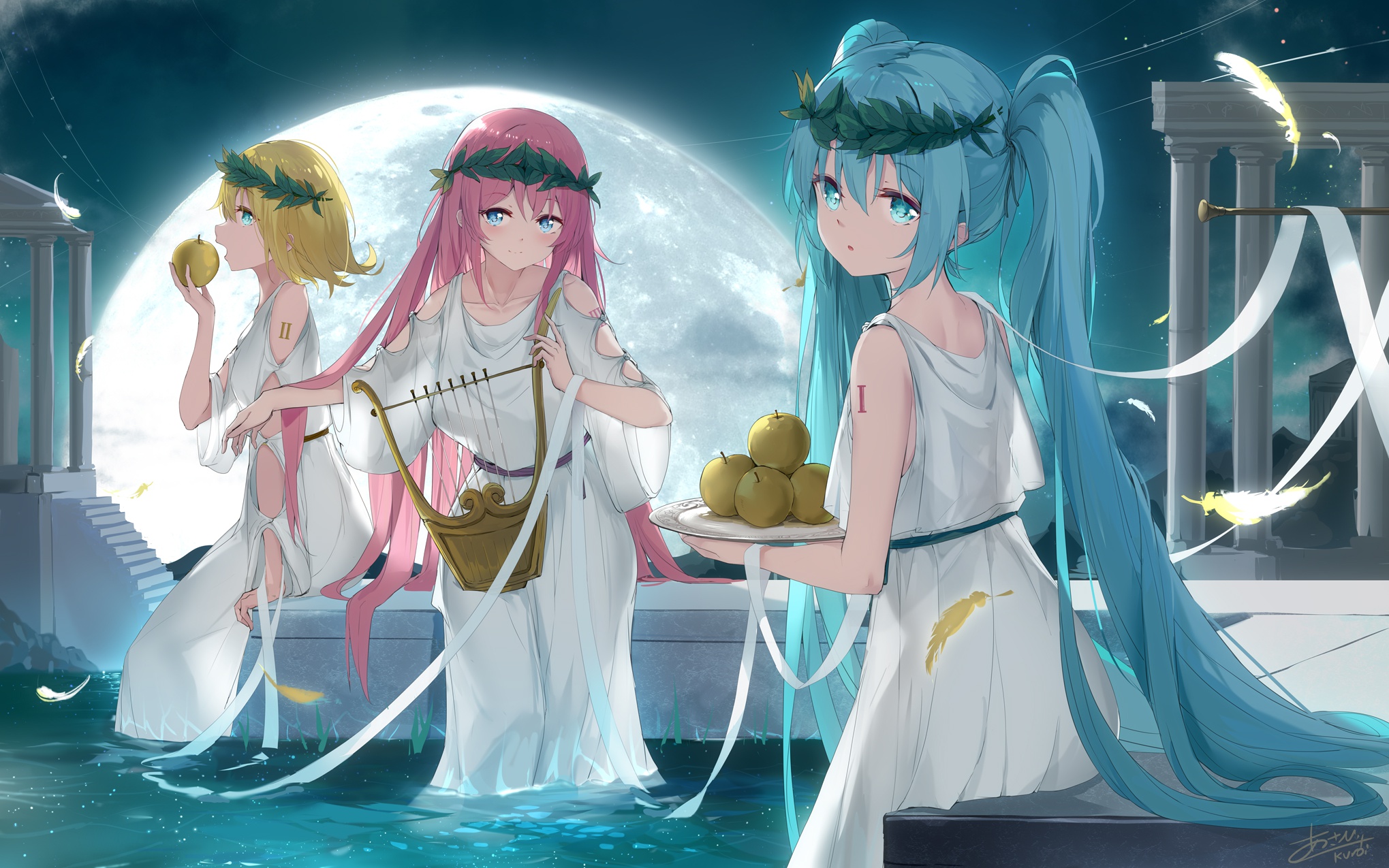 Vocaloid Trio Elegance: Luka, Rin & Miku in Enchanting HD Anime Wallpaper