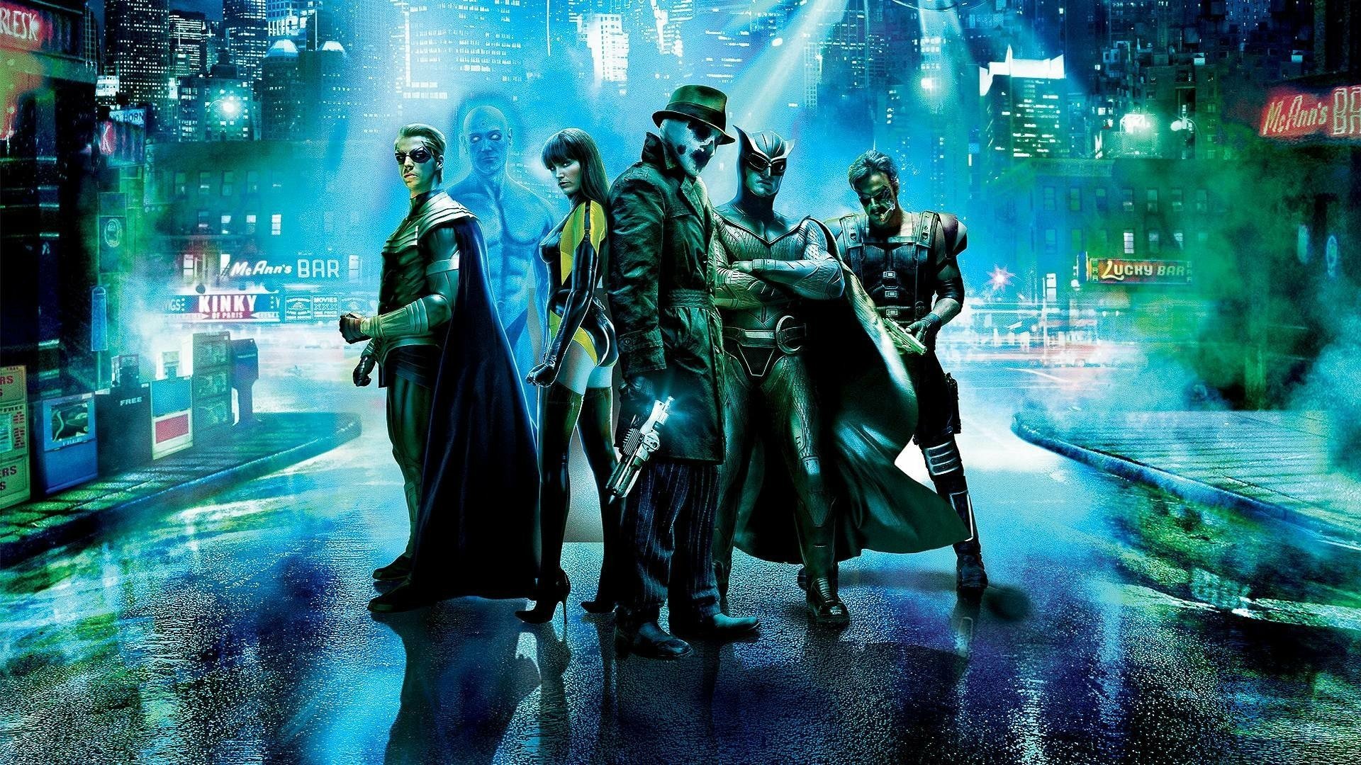 Watchmen HD Wallpaper: Iconic Heroes Unite in Neon Cityscape