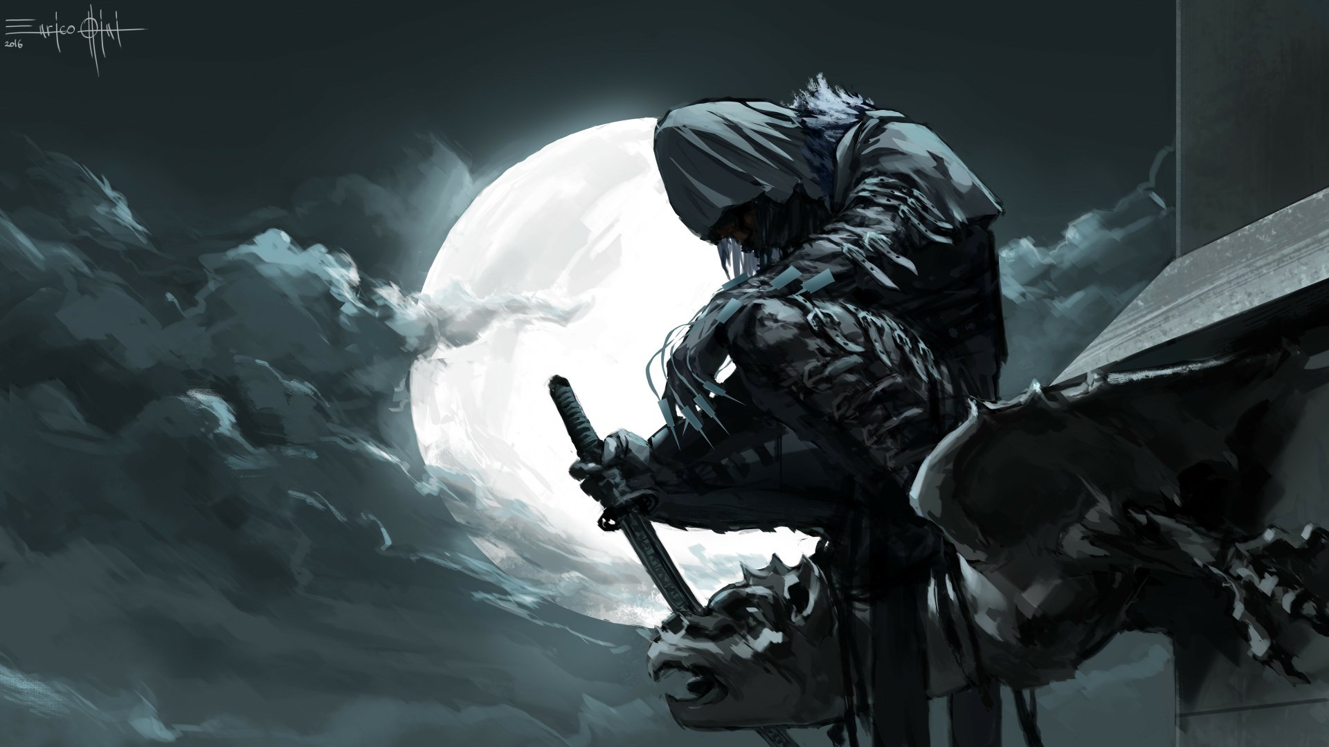 Moonlit Ninja: 4K Ultra HD Fantasy Warrior Wallpaper by Enrico Ottini
