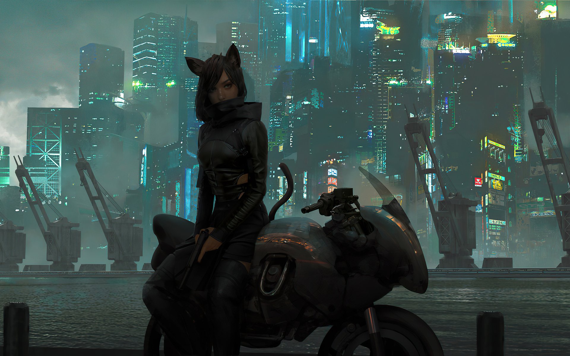 Cybernight Rider — Sci‑Fi Woman Warrior HD Wallpaper by Brandon Liao