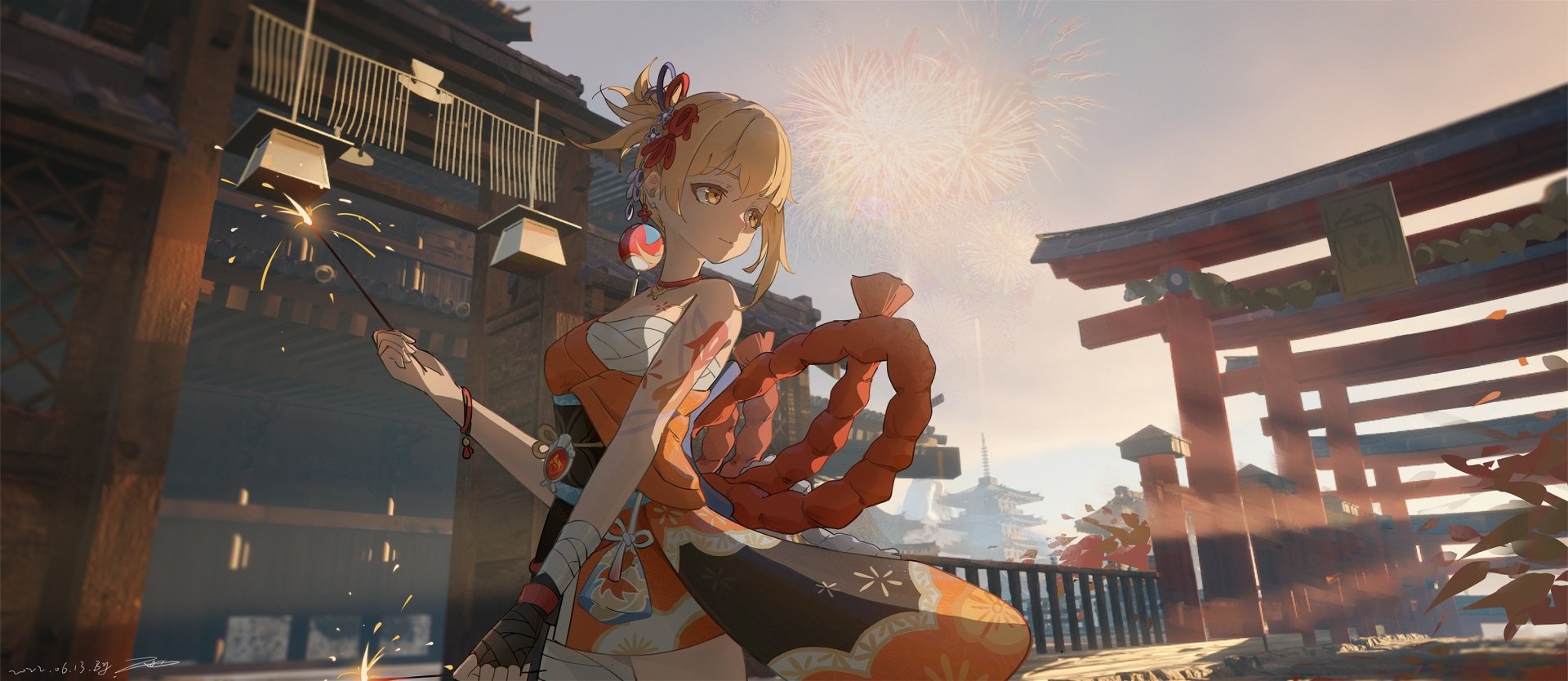 Yoimiya — 2K Quad HD Firework Festival Wallpaper (Genshin Impact) by 雨様