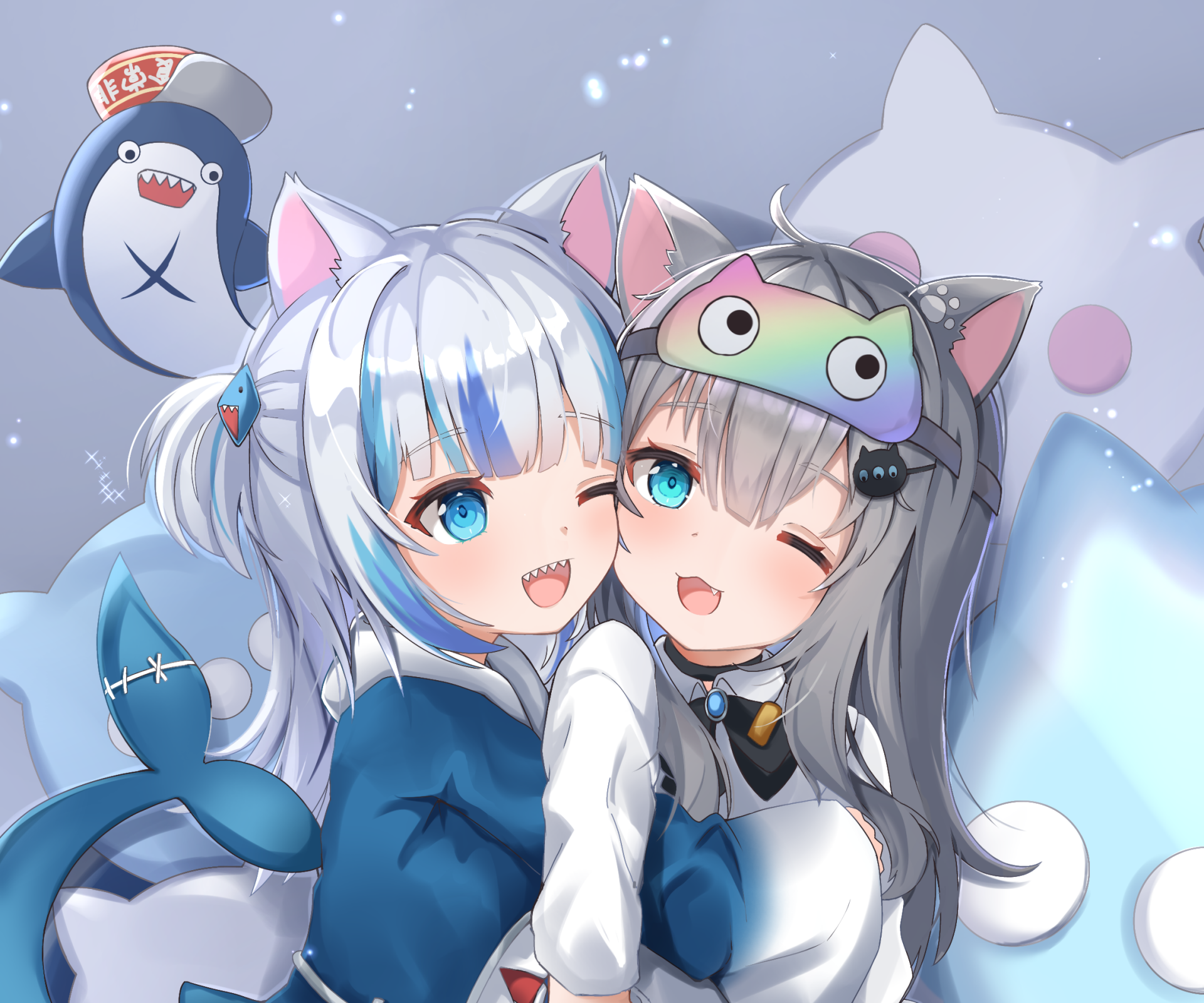 Shark-Girl & Catgirl — Gawr Gura x Nachoneko HD VTuber Wallpaper
