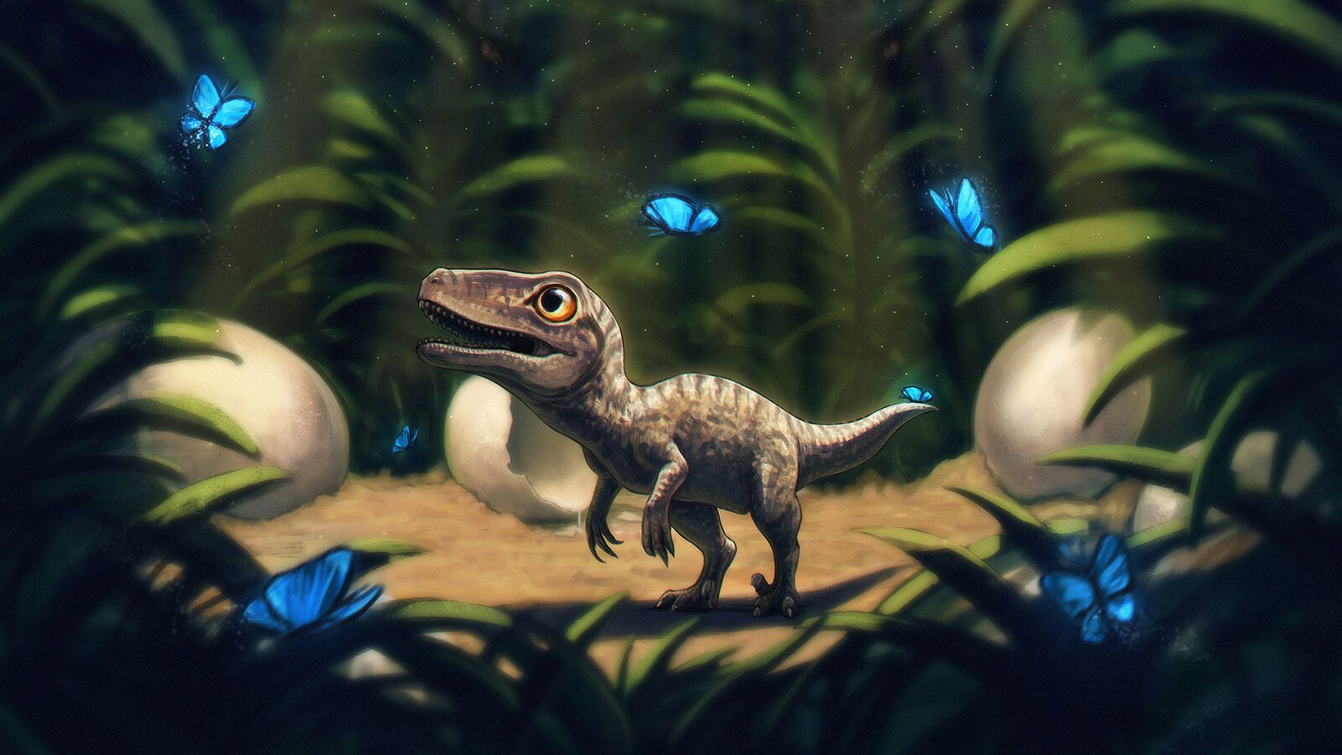 Enchanting Dinosaur Hatchling in a Lush Butterfly Forest - HD Animal ...