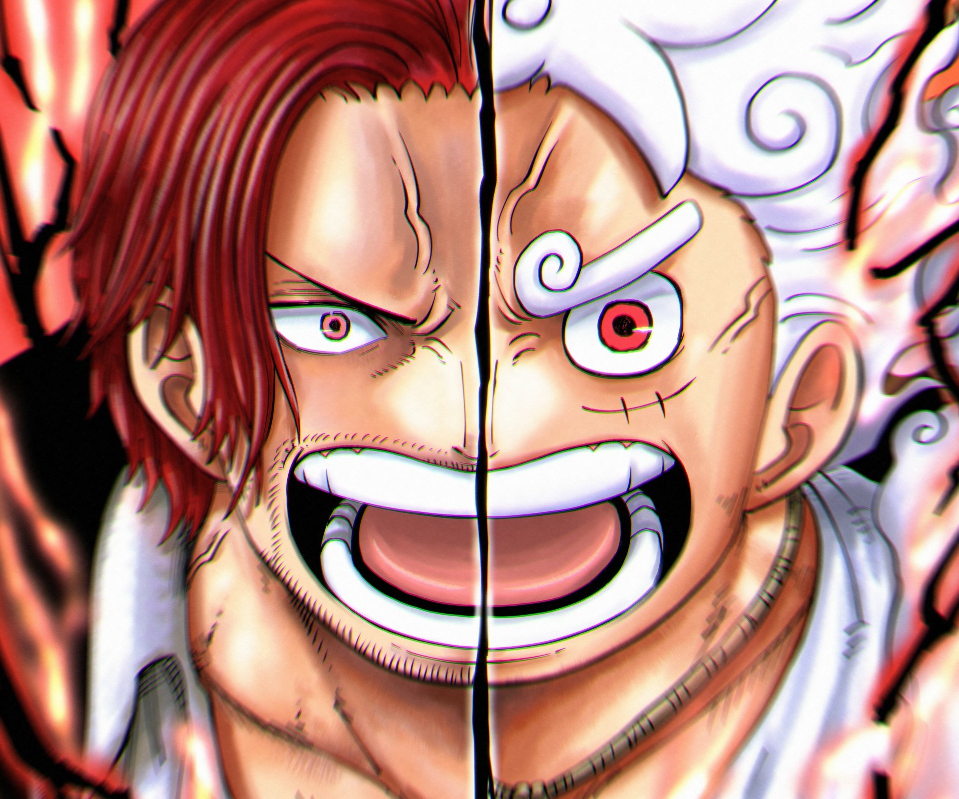 Legendary Clash: Luffy Gear 5 & Shanks Ultra HD One Piece Wallpaper by Riku