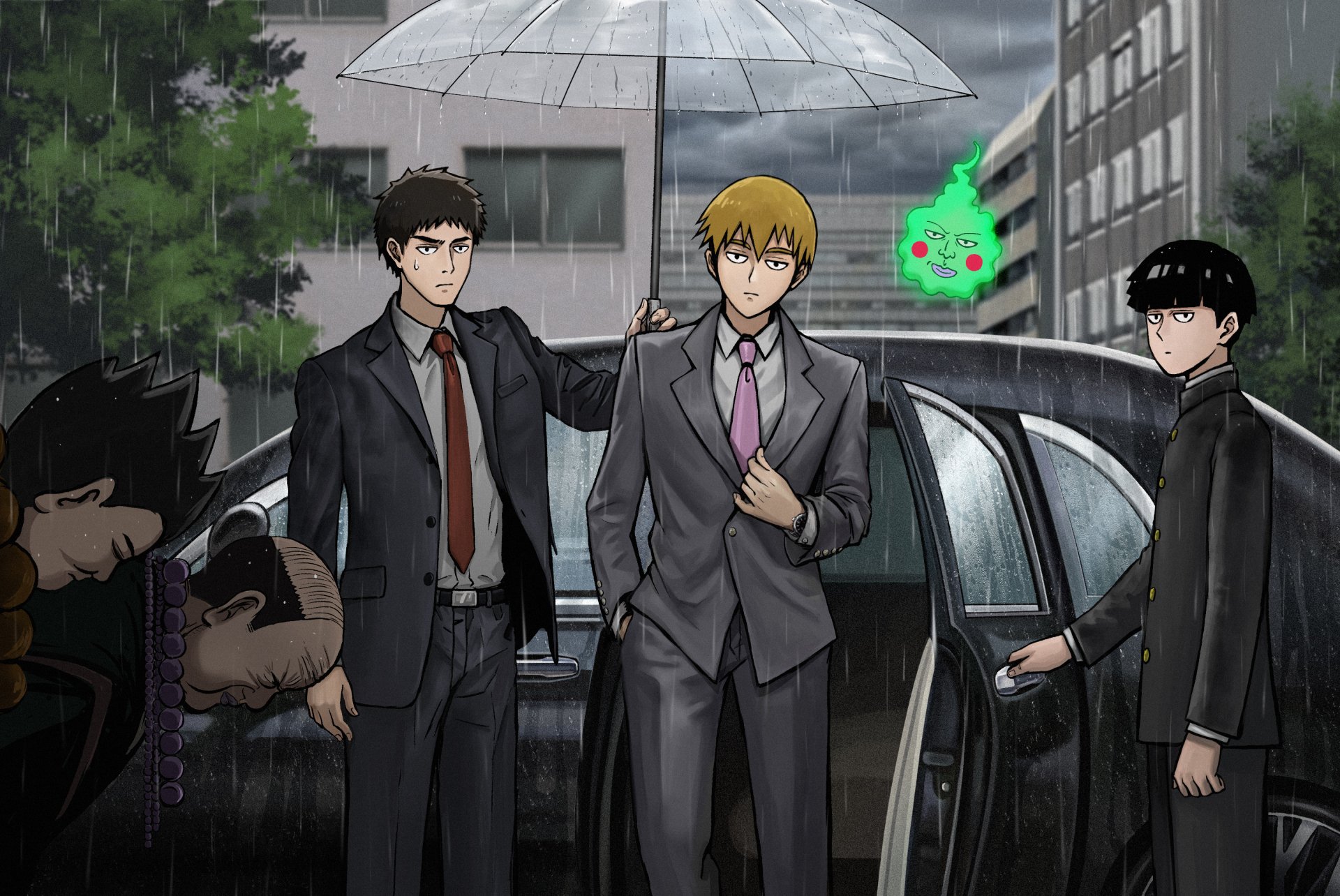 Mob Psycho 100 HD Anime Wallpaper – Stylish Rainy Day Squad in Action