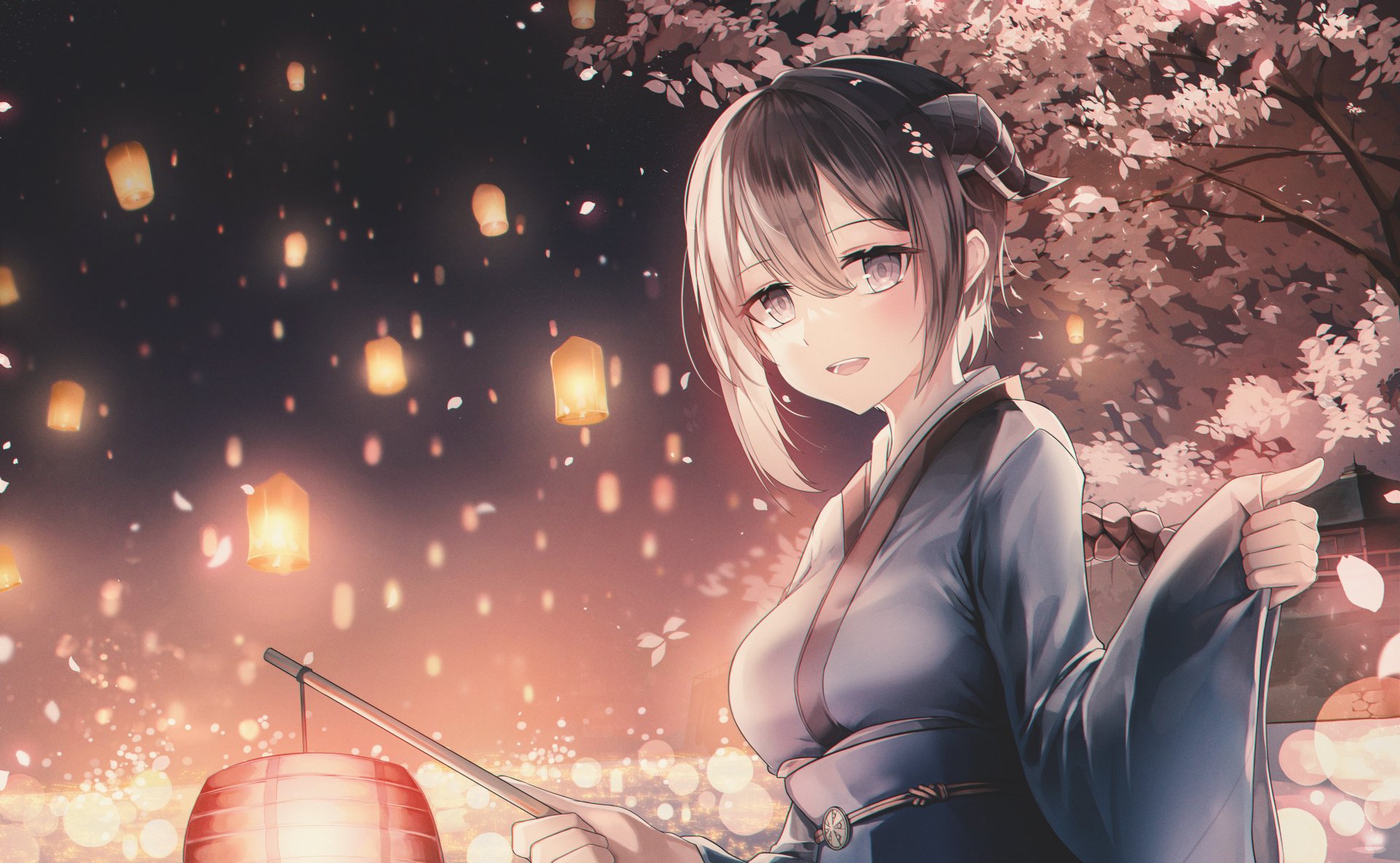 4K Ultra HD Anime Girl Amid Cherry Blossoms & Lantern Glow by leehong ...