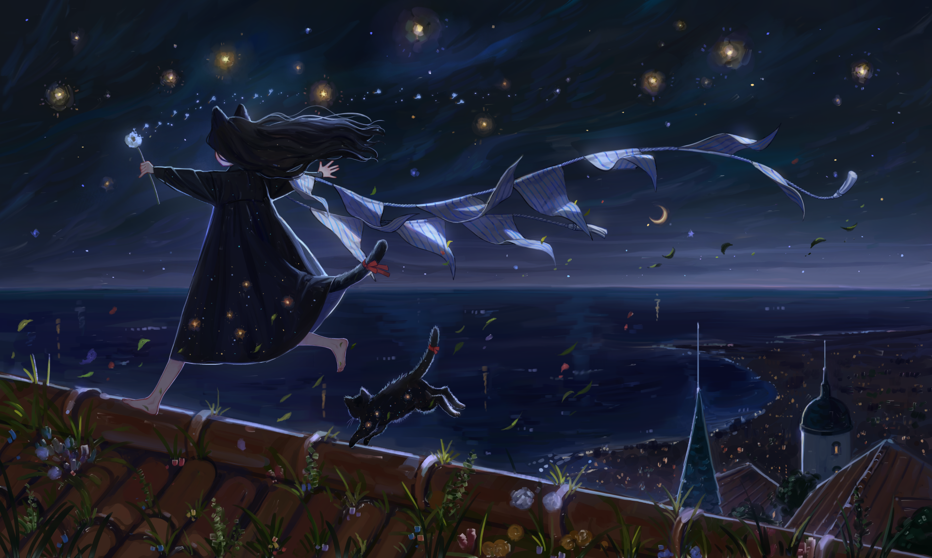 Midnight Breeze: Anime Girl and Cat on Rooftop in 4K Ultra HD Night ...