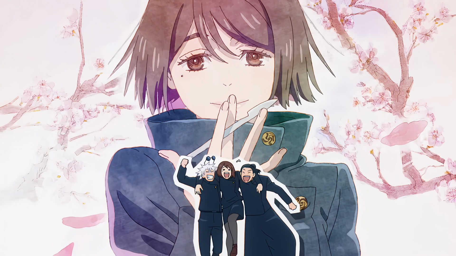 Jujutsu Kaisen 4K Ultra HD: Gojo, Geto & Shoko in Sakura Bliss