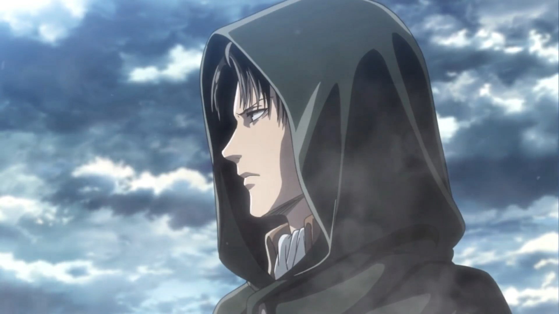 Epic Attack on Titan HD Wallpaper: Hooded Warrior Under Stormy Skies