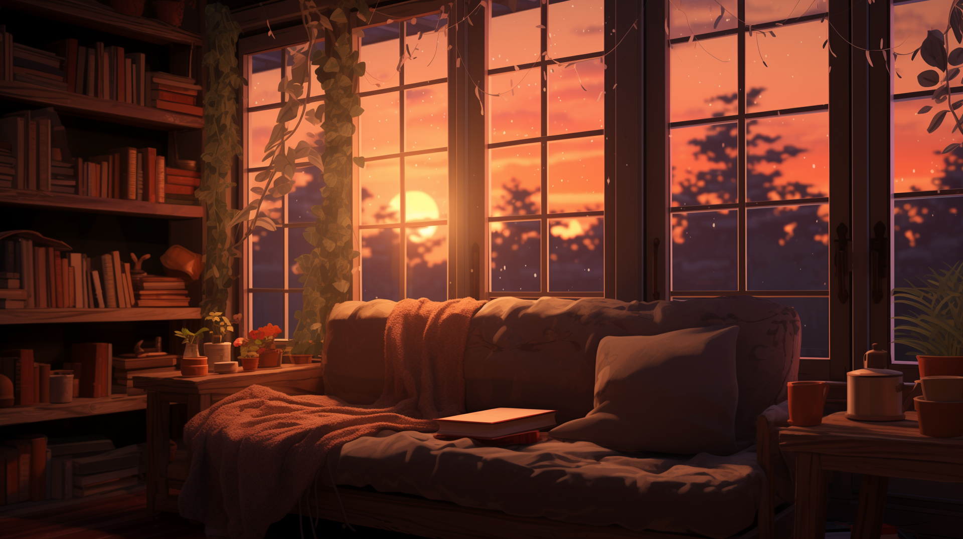 Cozy Lofi Sunset – HD Desktop Wallpaper by robokoboto