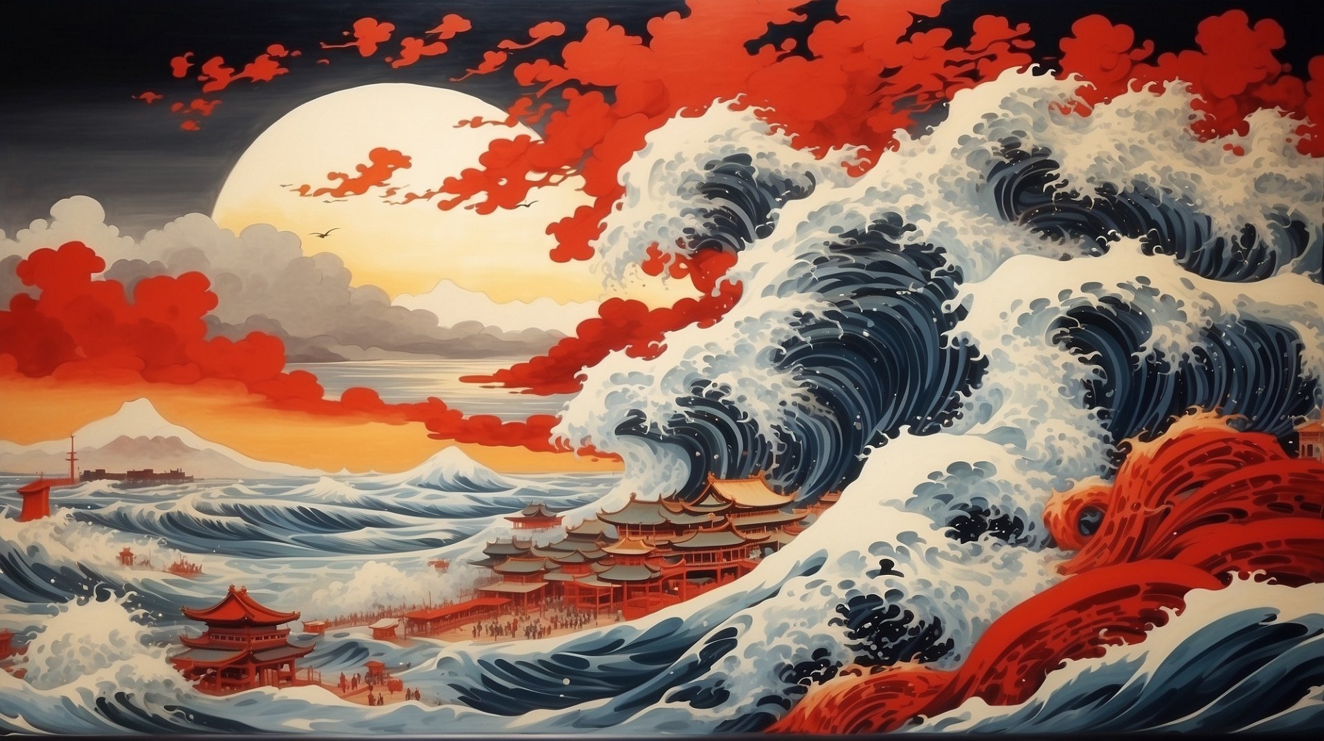 Sunset Sea Japanese Painting by AnimeHead